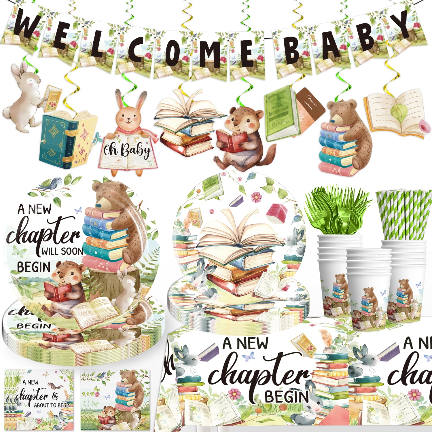 Amazon.com: Yingoto 160pcs Storybook Baby Shower Decorations Tableware ...