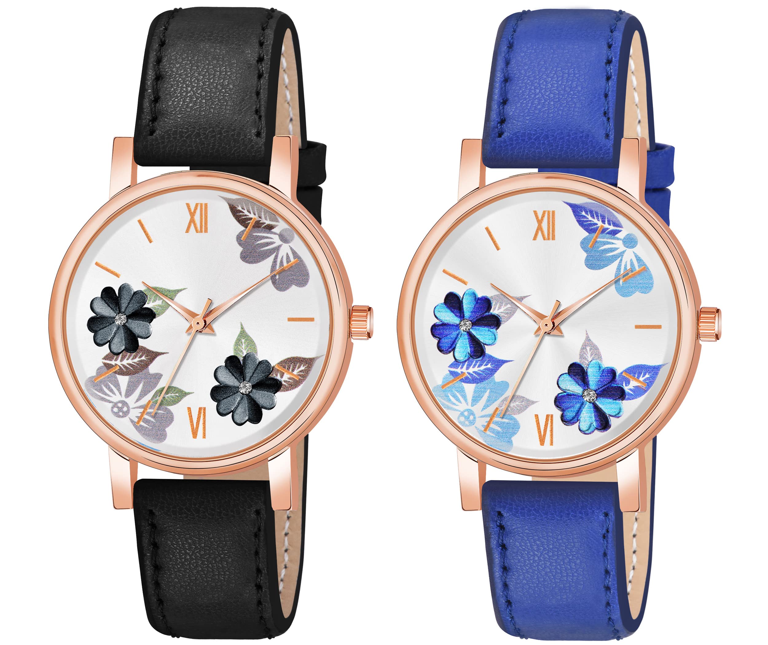Buy The Shopoholic Analog Flowered Dial Black Blue Colour Leather Strap ...