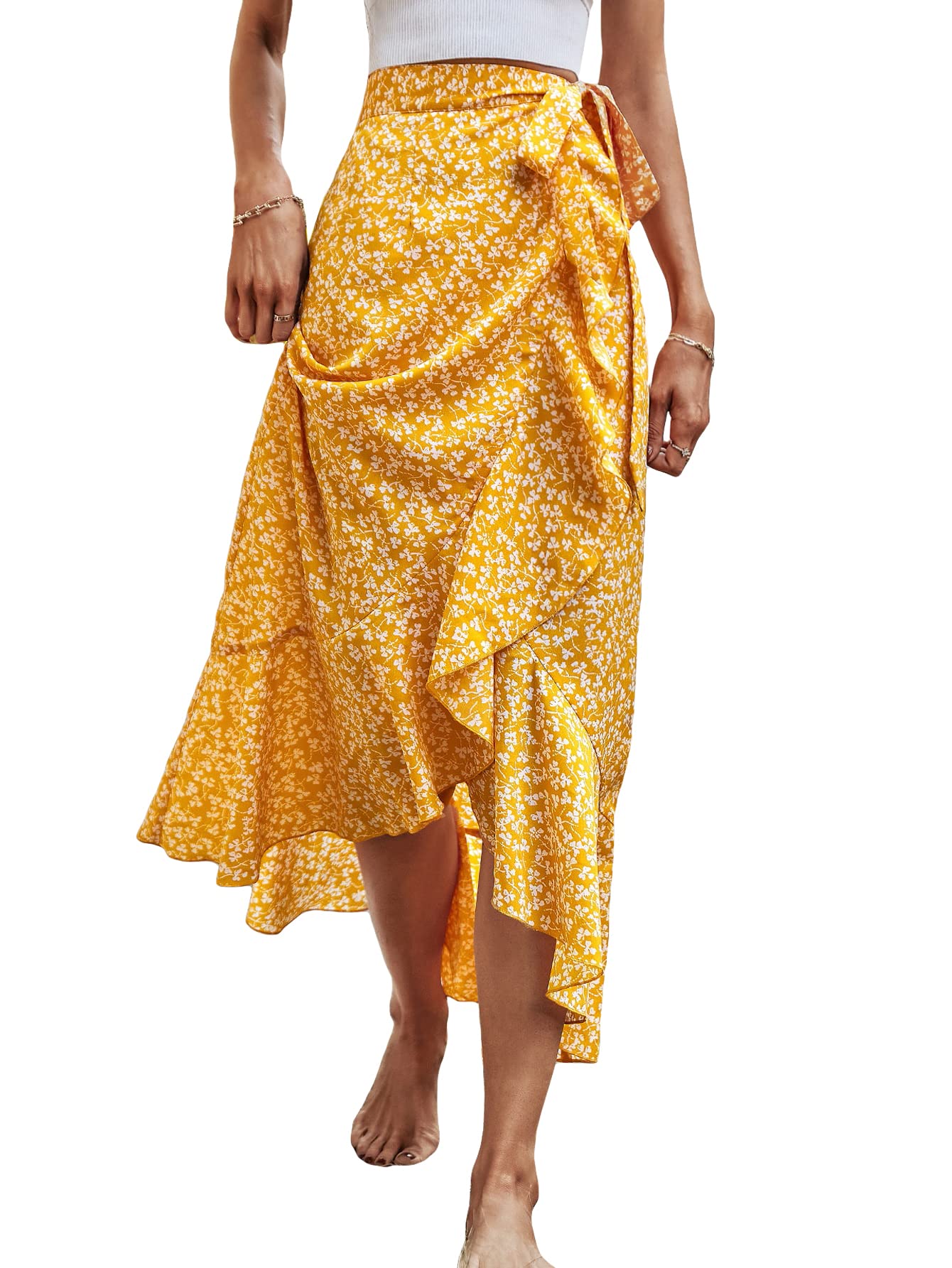 Milumia Women's Boho Floral Print Wrap Knot Side Ruffle Trim Flowy Maxi ...