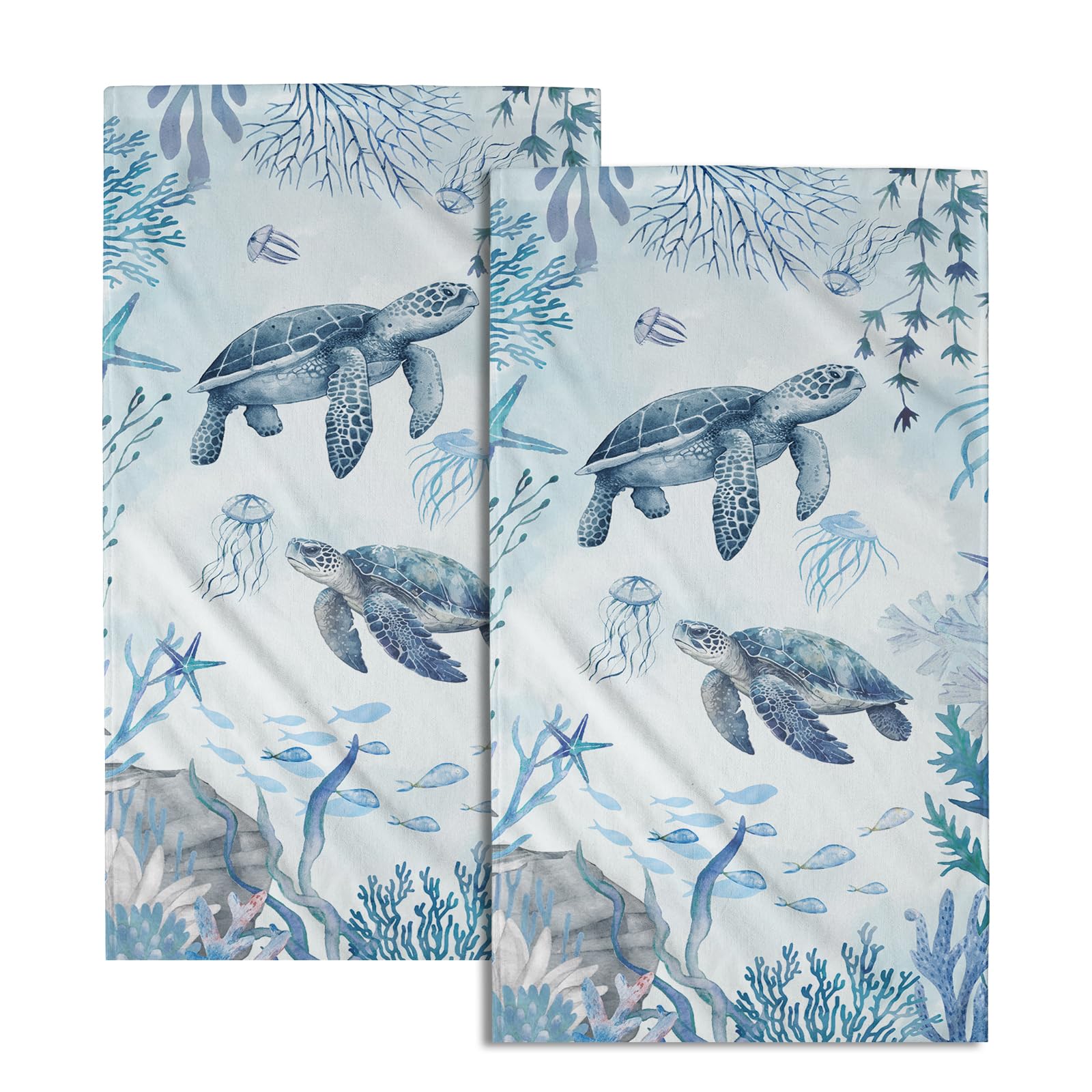 Amazon.com: Blue Sea Turtle Hand Towels Set of 2 Marine Coral Small ...