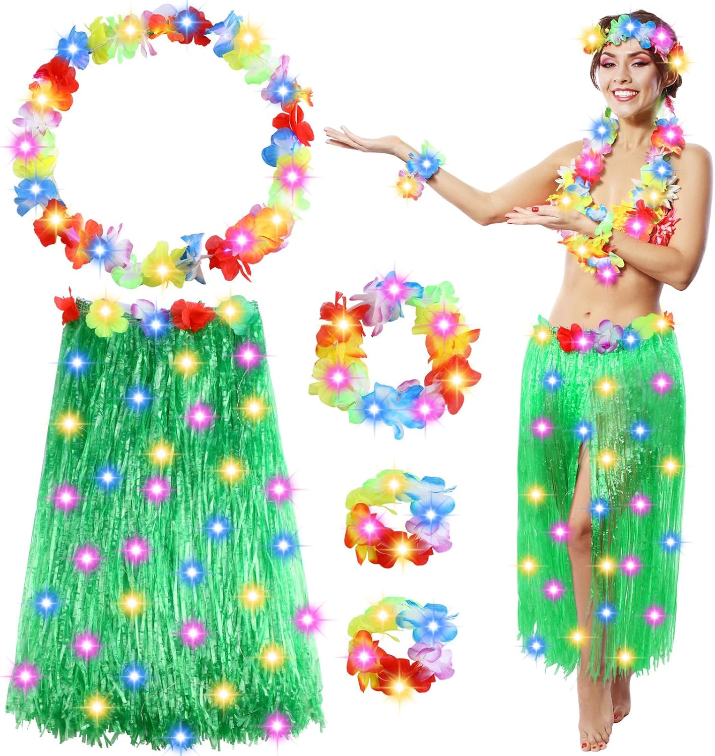 Amazon.com: Liitrsh Hawaii Luau Hula Grass Skirt with Light Flower 31.5 ...