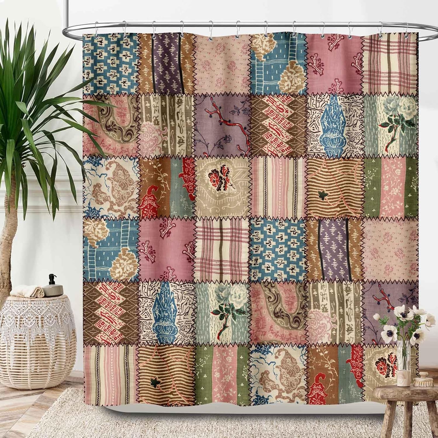 Amazon.com: Lnepty Patchwork Shower Curtains,Vintage Patchwork Flower ...
