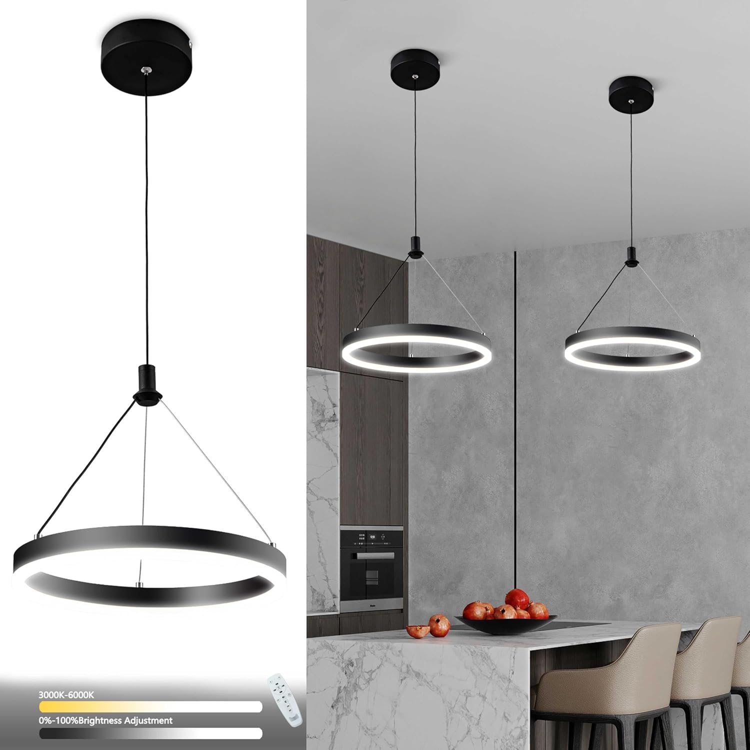 Modern LED Pendant Light Fixture，Black Color Changing Chandelier with ...