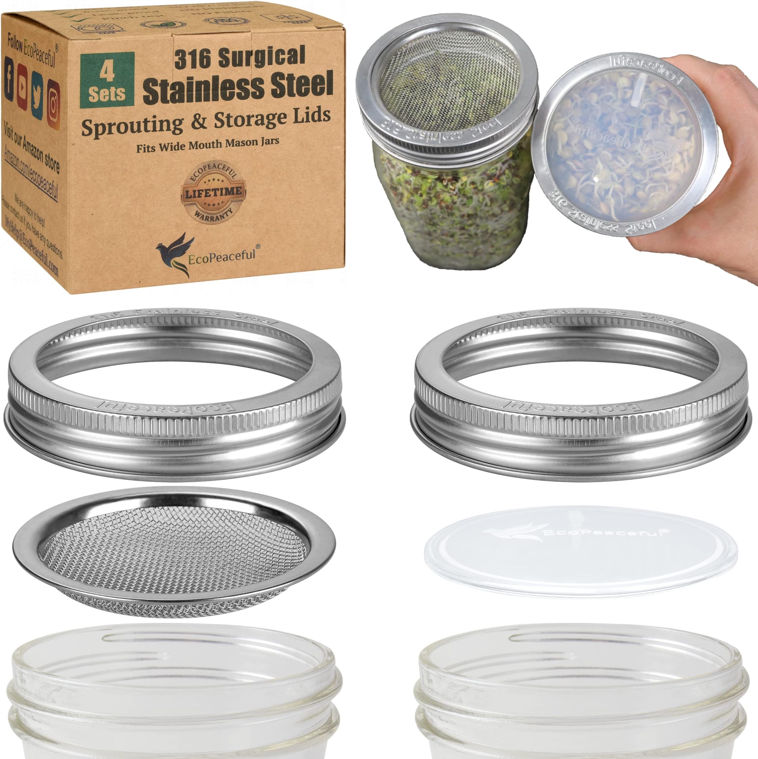 Amazon.com: 2 Pcs Stainless Steel Mason Jar Sprouting Jar Lids with 2 ...