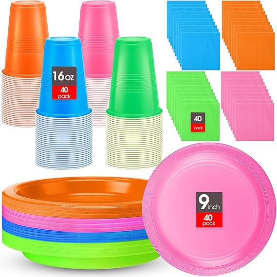 Amazon.com: Xinnun 40 Set Neon Glow Party Supplies Plates Cup Napkin ...