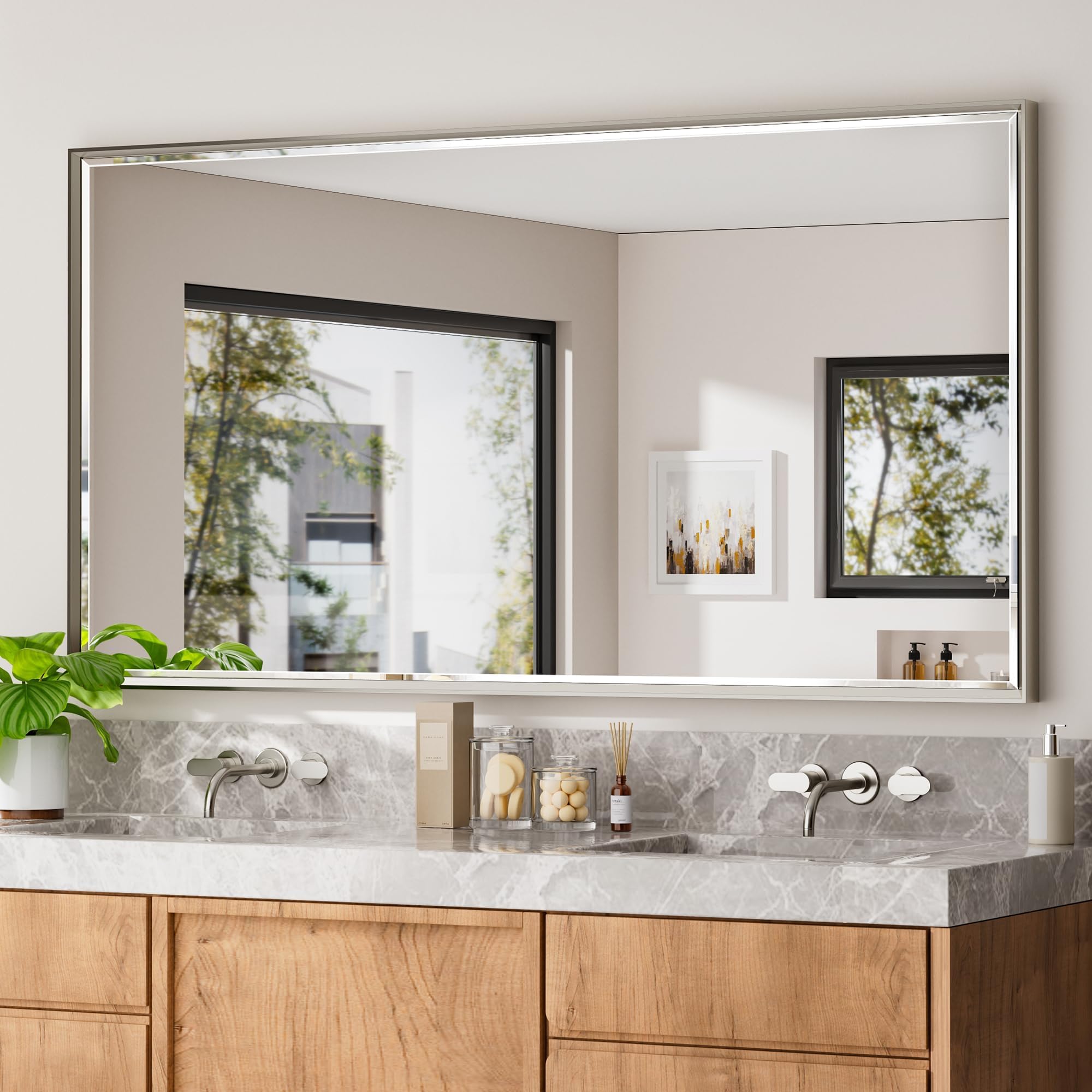 Amazon.com: QueenFun 72 x 36 Brushed Nickel Bathroom Mirror, Beveled ...