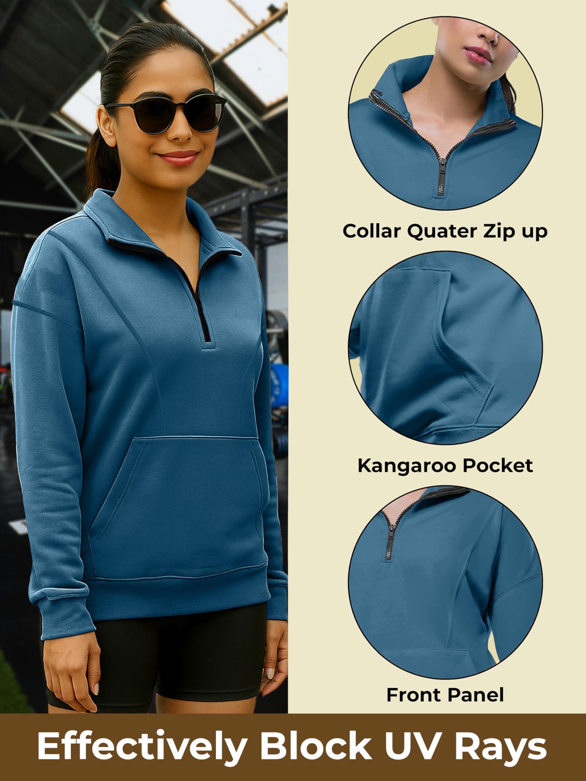 Womens Fleece Lined Pullover Hoodie Quarter Zip Up Arryn Oversize ...