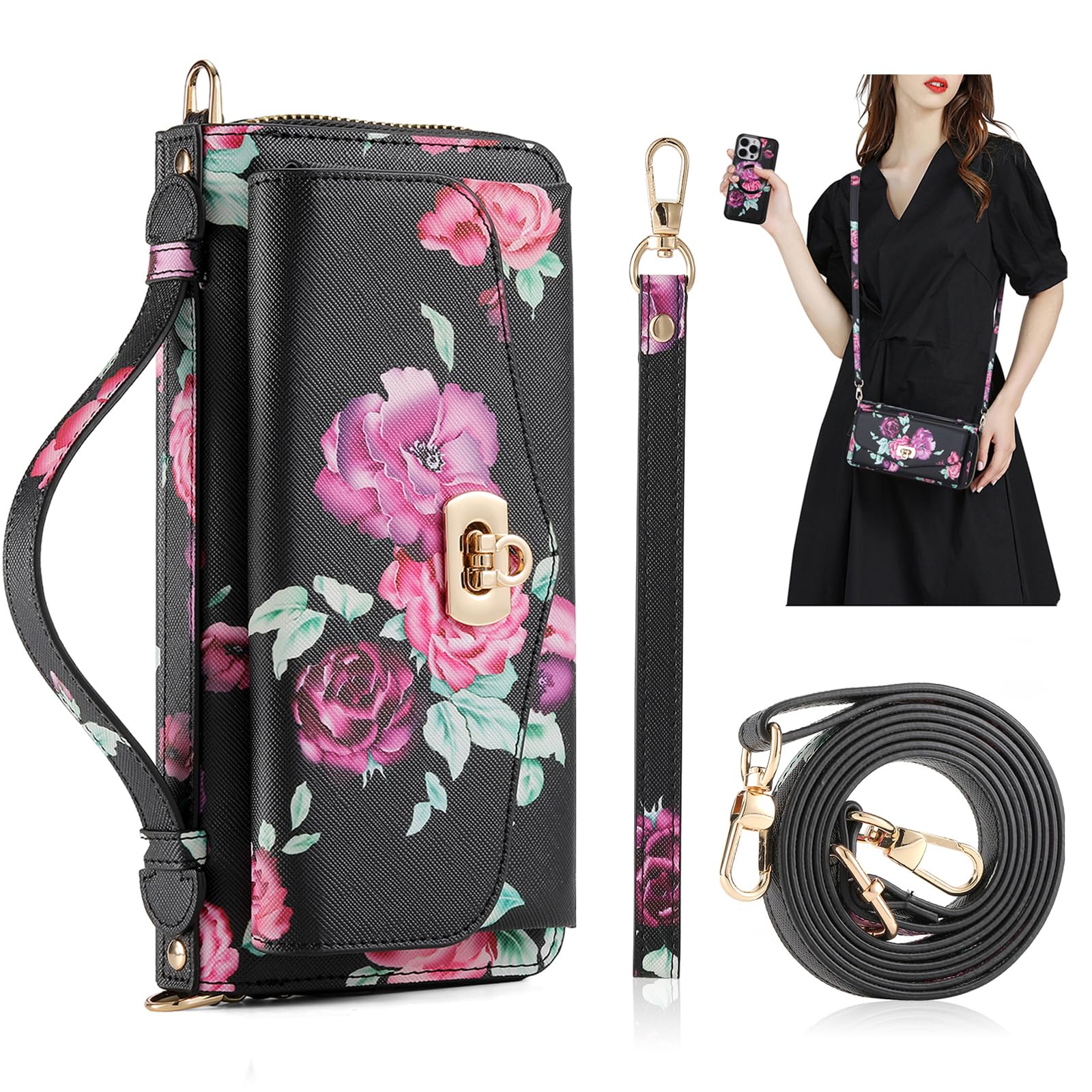 Amazon.com: REEGINCH Crossbody Wallet Case for iPhone 16 Pro 6.3", Magnetic Detachable Floral PU ...