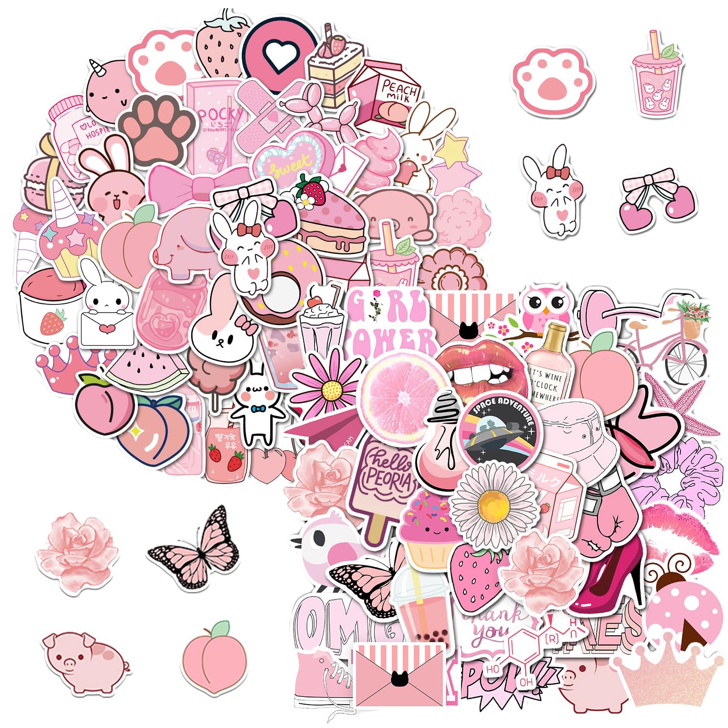 100 Pcs Pink Cute Stickers Pack,Waterproof Self-Adhesive Vinyl Stickers ...