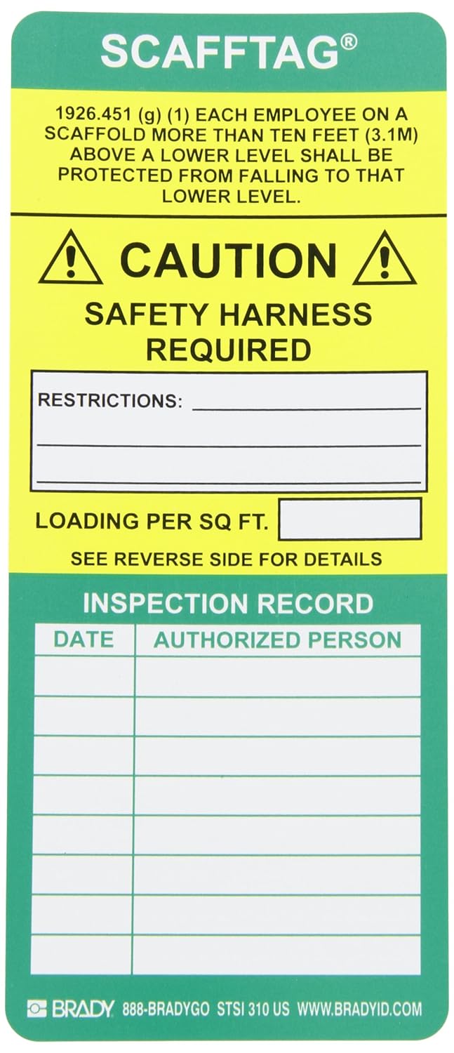 Brady SCAF-STSI 310 STD, Green on Yellow SCAFFTAG INSERTS STANDARD ...