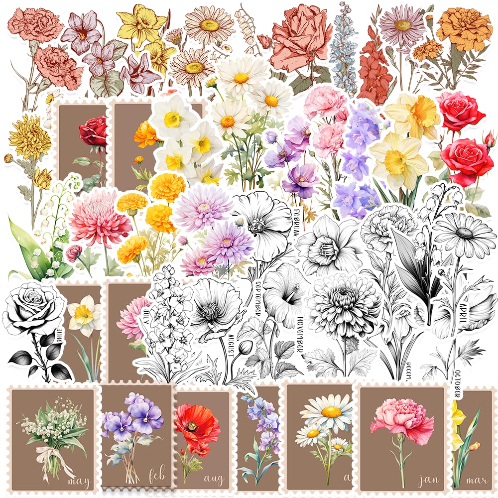 Amazon.com: 50PCS Birth Flower Stickers,Birth Flower Stamp Decal ...