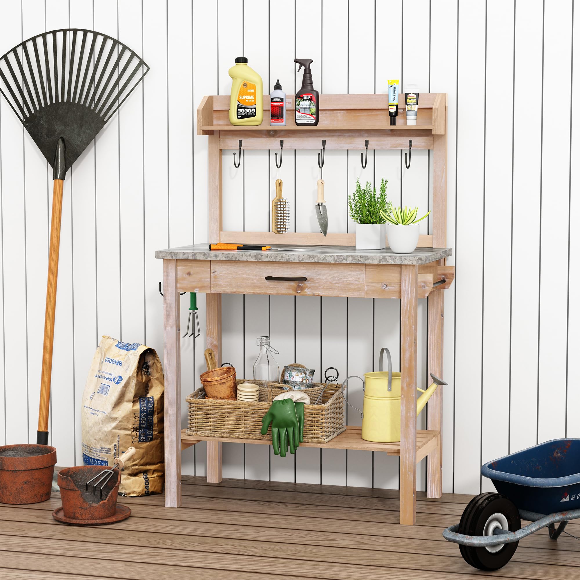 Amazon.com: HOLTICO Outdoor Potting Bench Table with Metal Tabletop ...