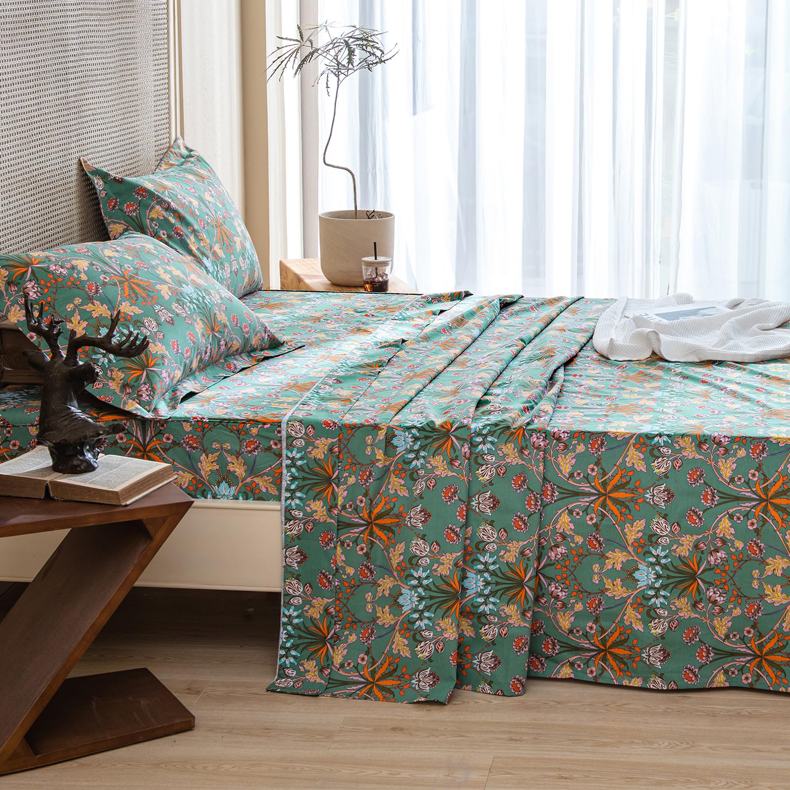 Amazon.com: QSH 100% Cotton Sheets King Size Bed, Floral Pattern ...