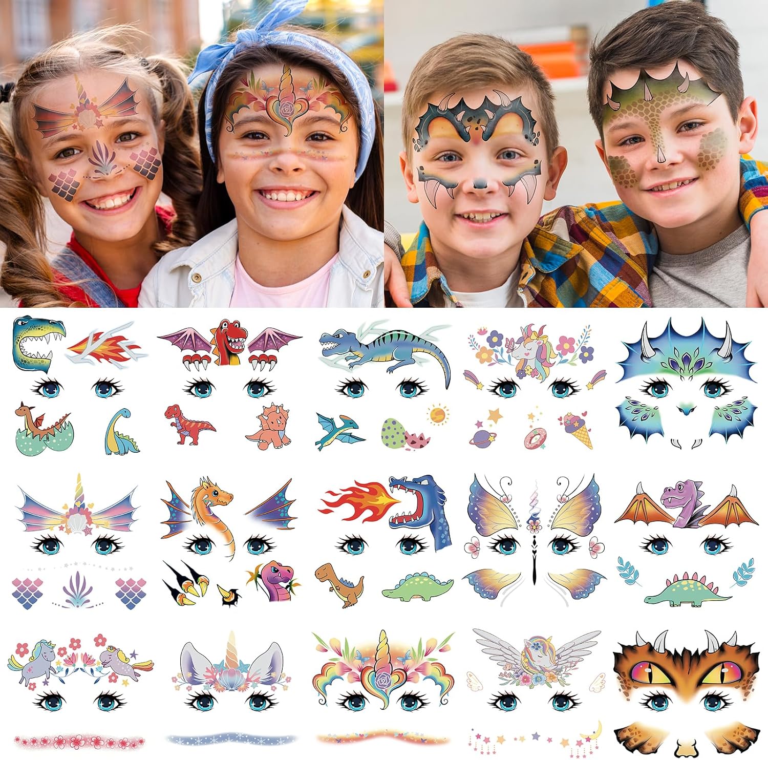 Leesgel Temporary Face Tattoos for Kids, 24 Sheets Face Tattoo Stickers ...