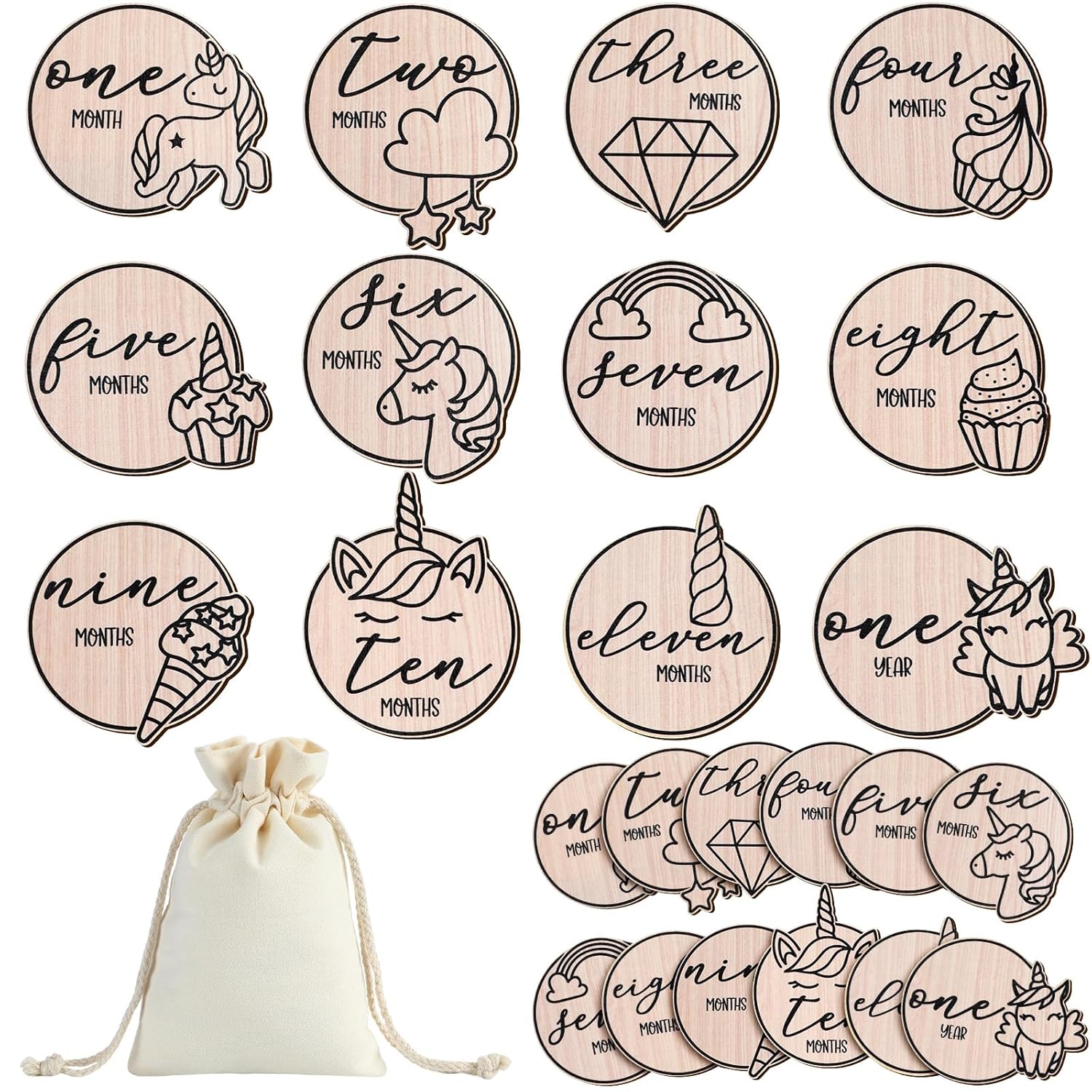 Amazon.com: Wesiti 12 Pcs Wooden Baby Milestone Cards with Linen Bag ...