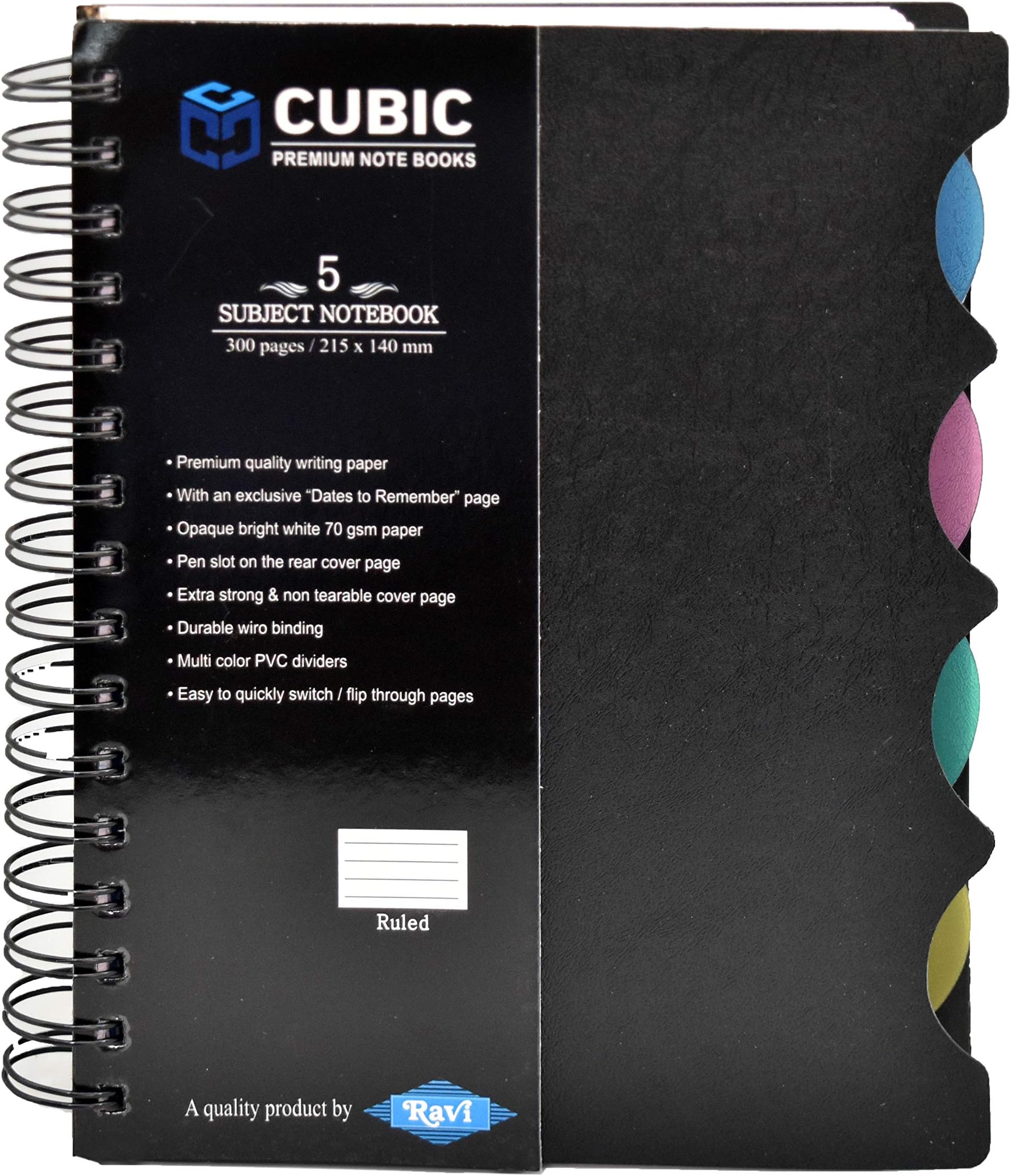 Cubic A5 Size 5-Sub Wiro Notebook, 300 Pages (Black) : Amazon.in ...