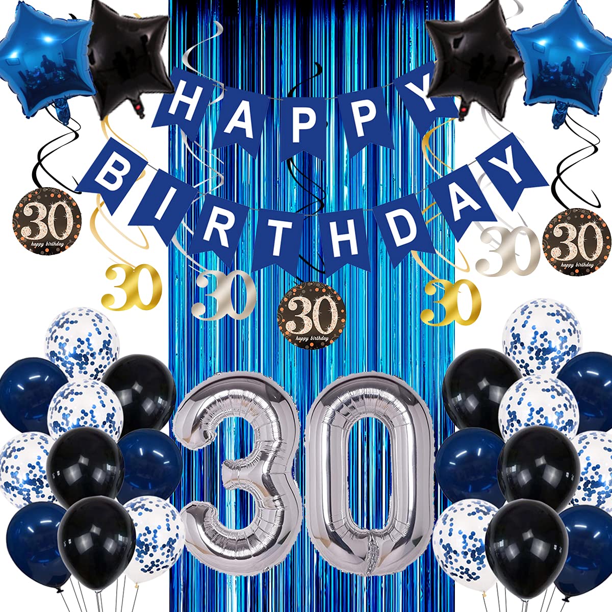 Haimimall 30th Blue And Black Birthday Decorations For Him Men ...