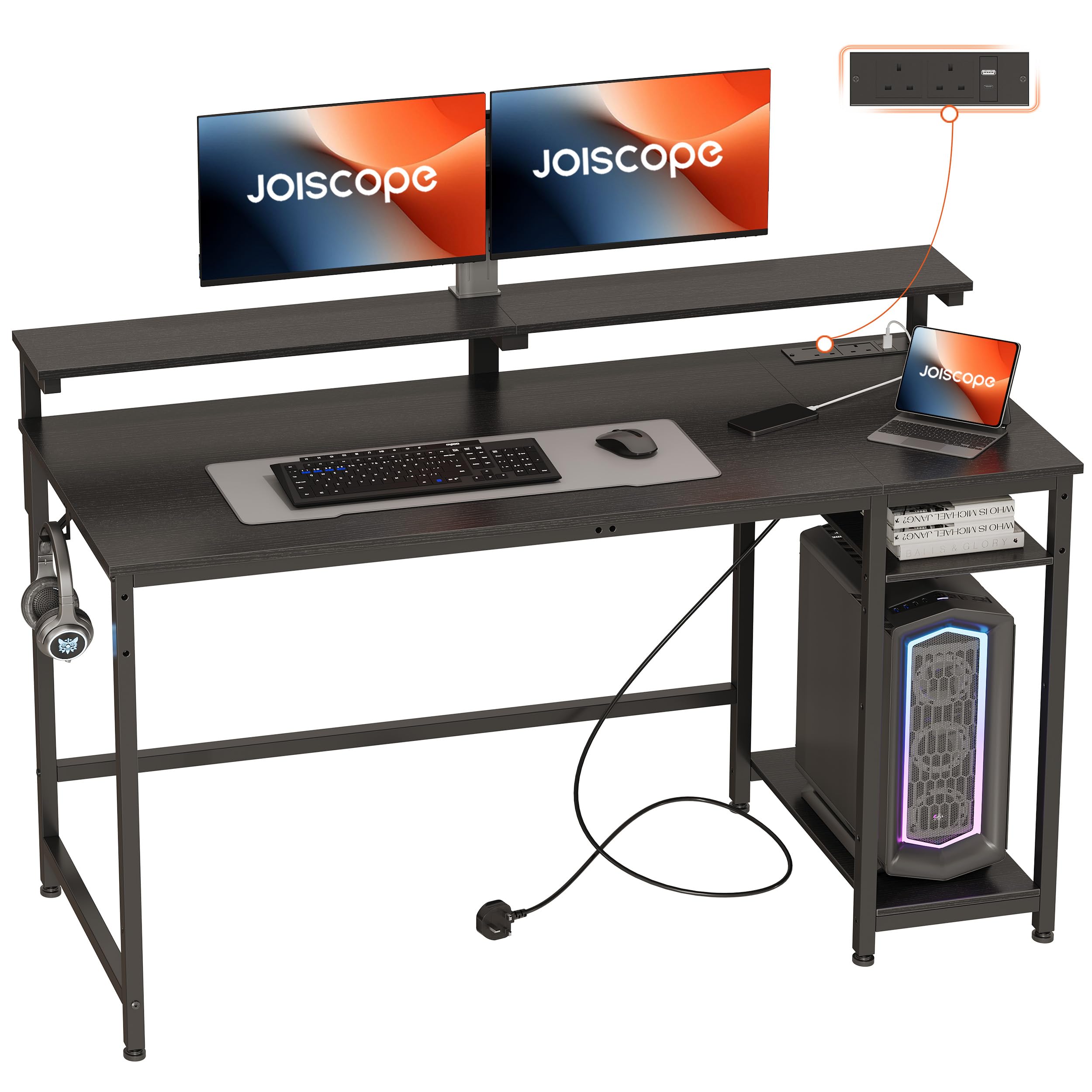 JOISCOPE Computer Desk, 140cm Gaming Desk with Power Outlets, USB & Type-C and Shelves, Black ...