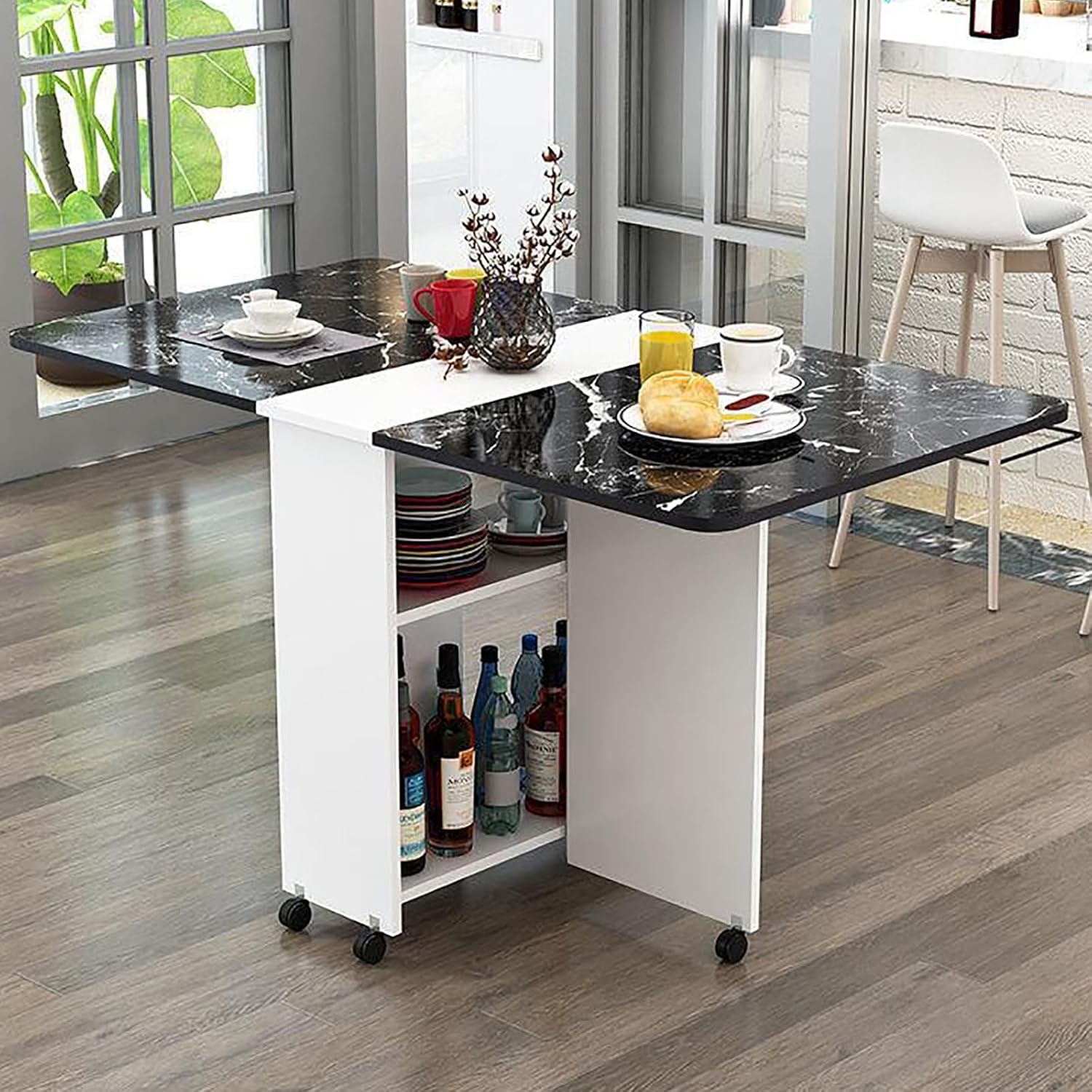 Space Saving Folding Dining Table, Mobile Drop Leaf Table with 6 Wheels ...