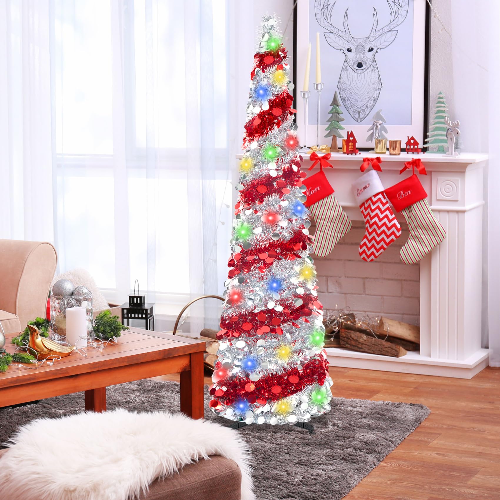 Amazon.com: 5Ft Pencil Christmas Tree Red Sliver, Pop Up Christmas Tree ...