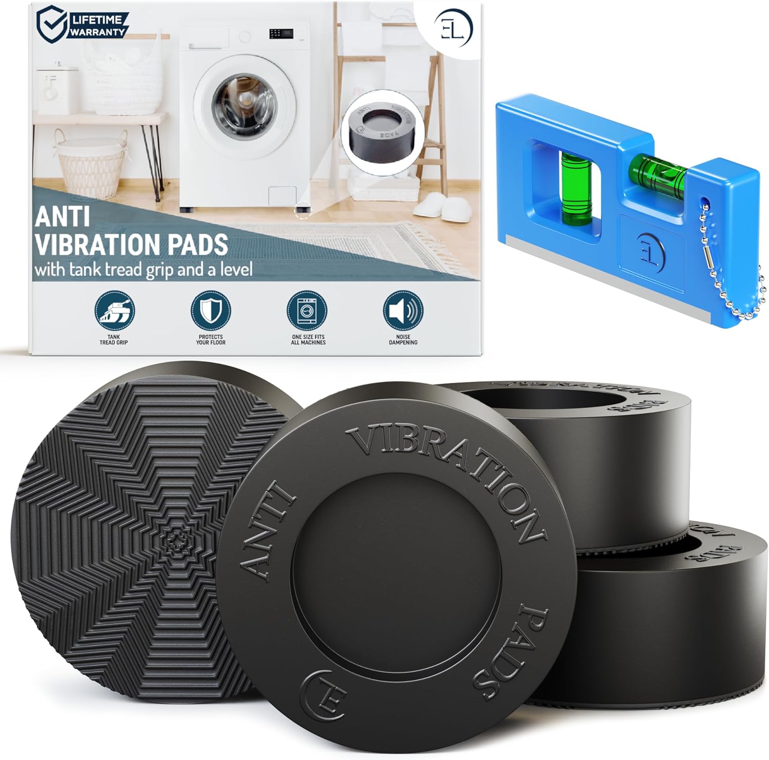 Anti Vibration Pads with Tank Tread Grip, 4 Pads + Level - Washer ...