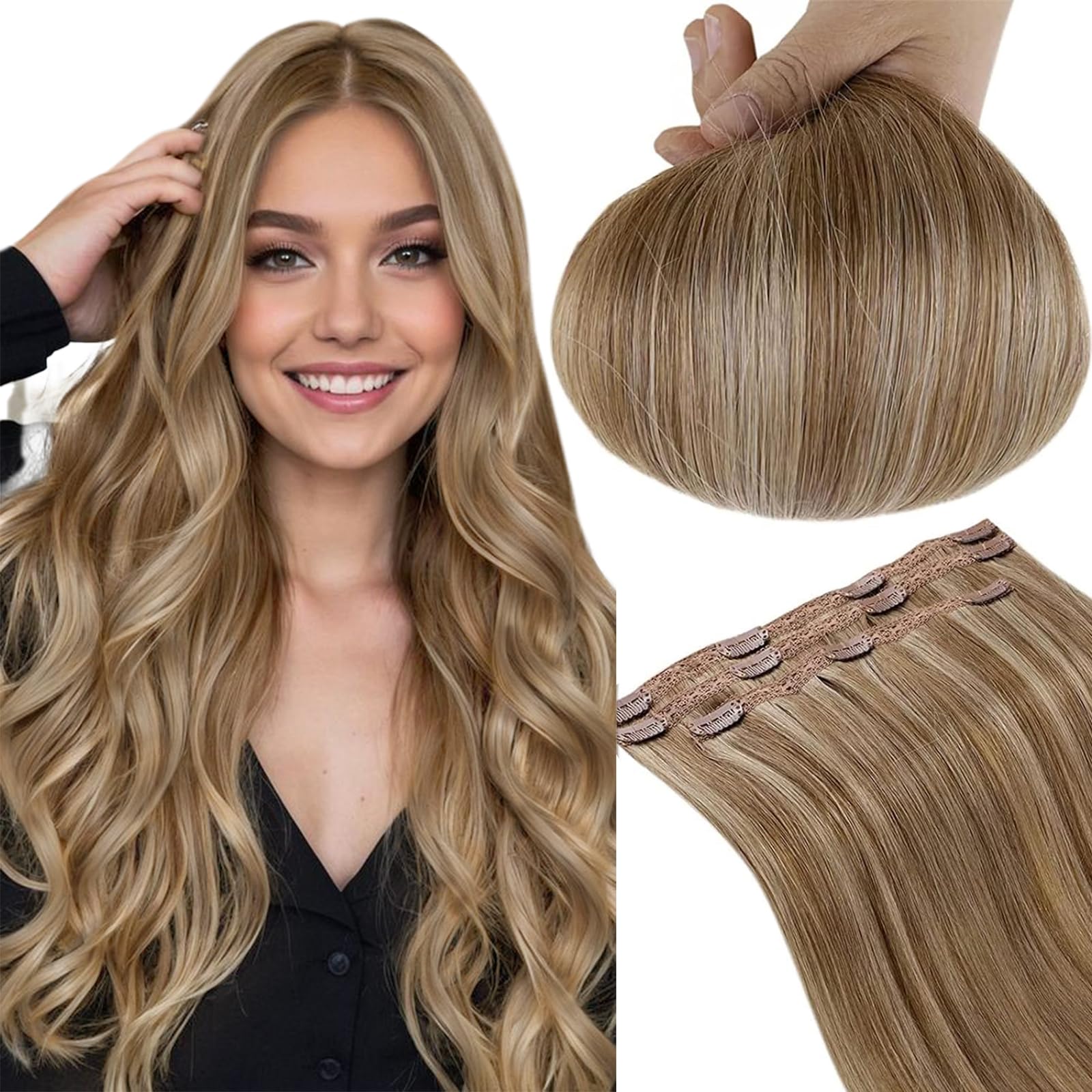 RUNATURE Echthaar Extensions Clip Braun Highlight Blond 30cm Kurz Echte ...
