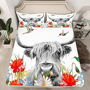 Highland Cow Bed Sheets Queen, Red Poppy Floral Fitted Sheet for Teens Boys Girls Adult ...
