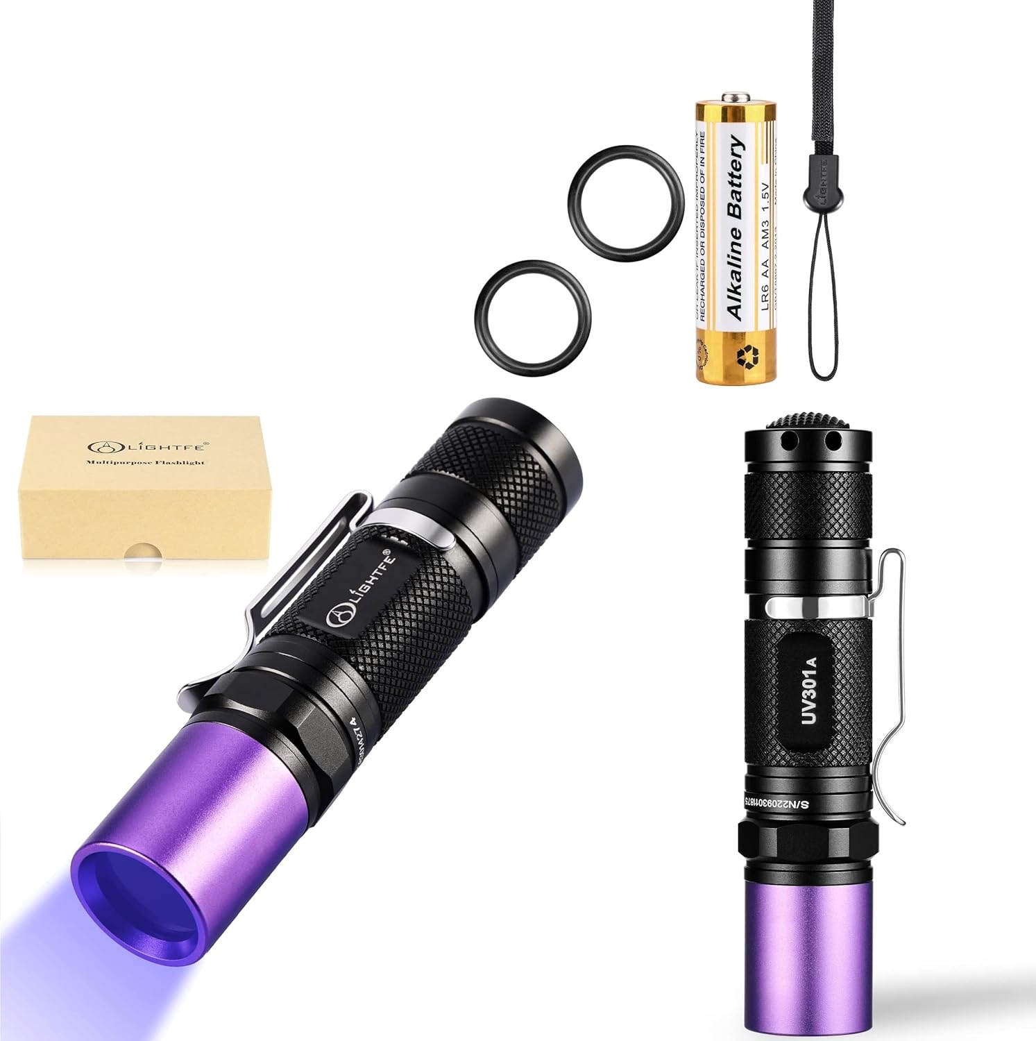 LIGHTFE Black Light UV Flashlight 365nm Blacklight UV301D + Black Light ...