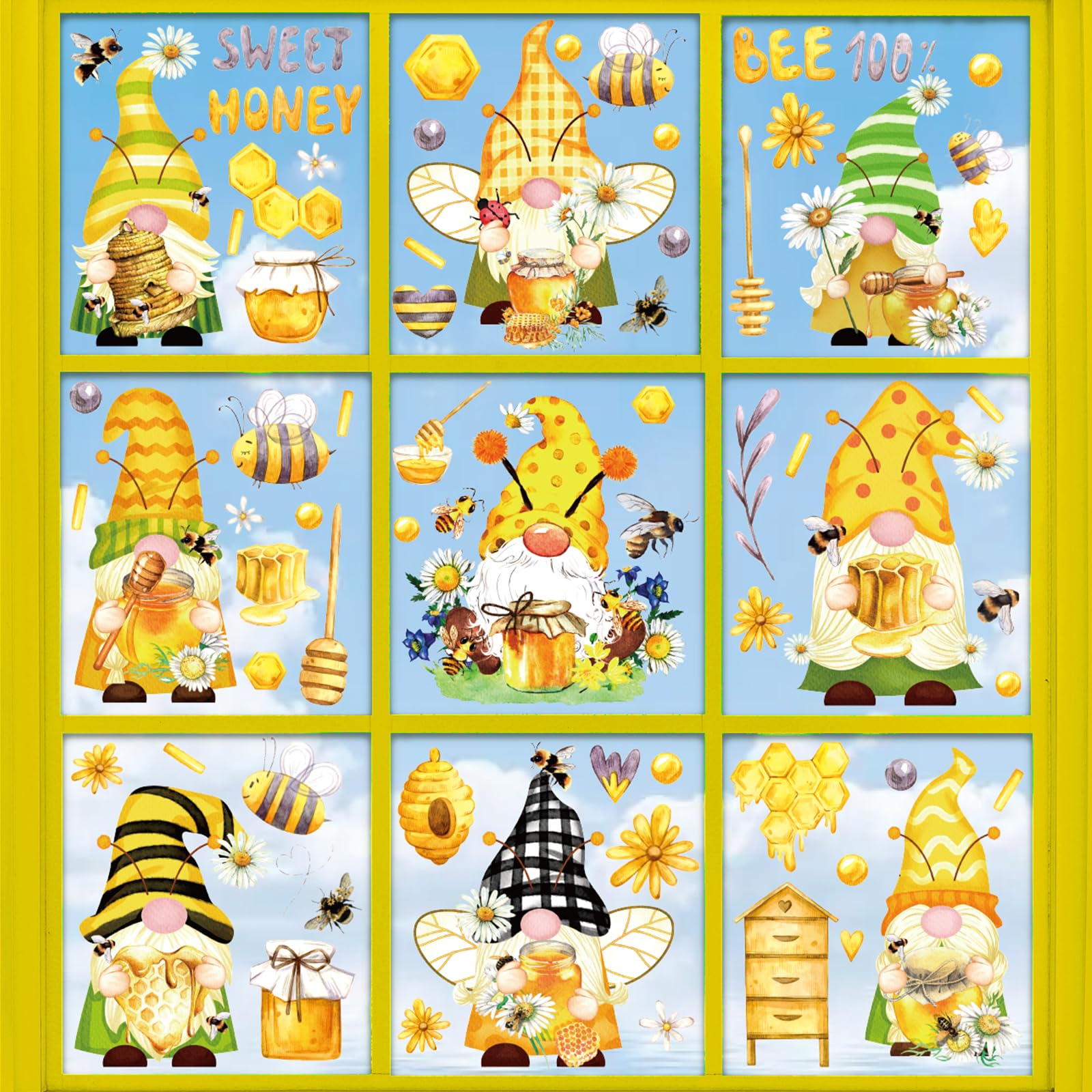 Snapklik.com : 9 Sheets Bee Gnome Window Clings Summer Floral Honeycomb ...
