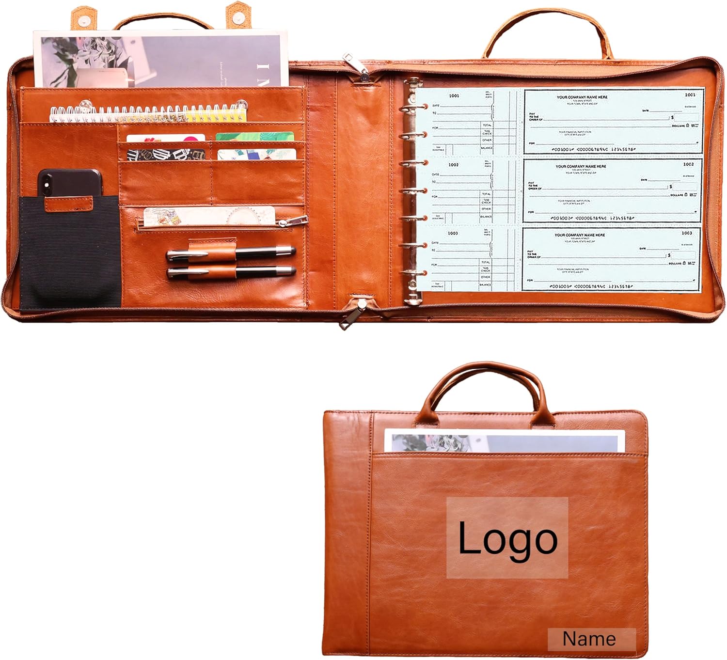 Amazon.com : 7 Ring Check Binder Cowhide Leather Check Portfolio for 3 ...