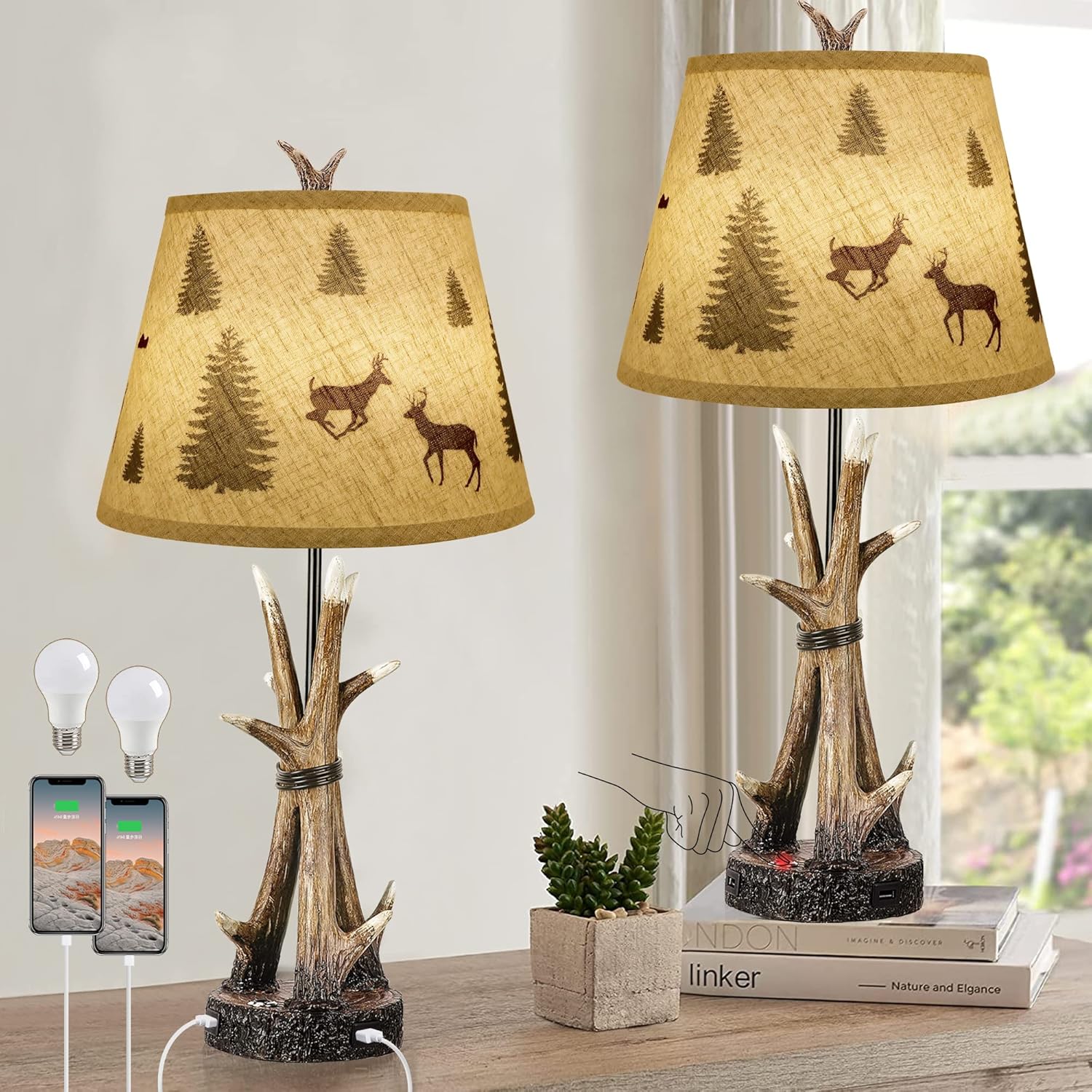 Farmhouse Deer Antler Table Lamps for Living Room Set of 2, 3-Way ...