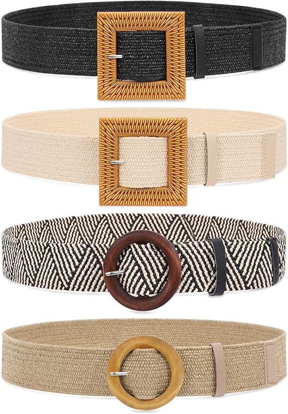 Set of 4 Straw Woven Elastic Stretch Waist Belts for Women, Fashion ...