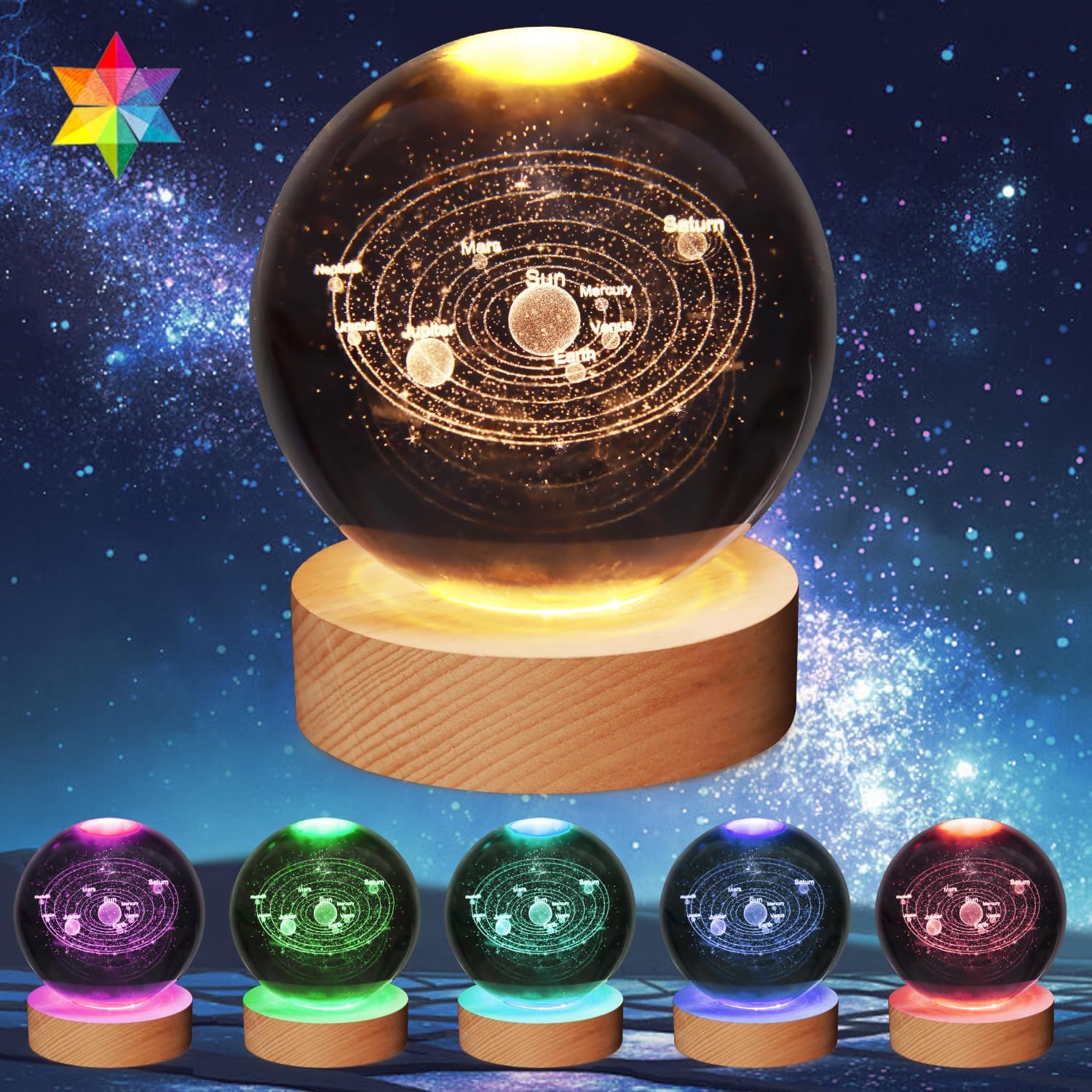 YAZJIWAN 3D Solar System Crystal Ball Lamp,3.15inch Multi-Color ...