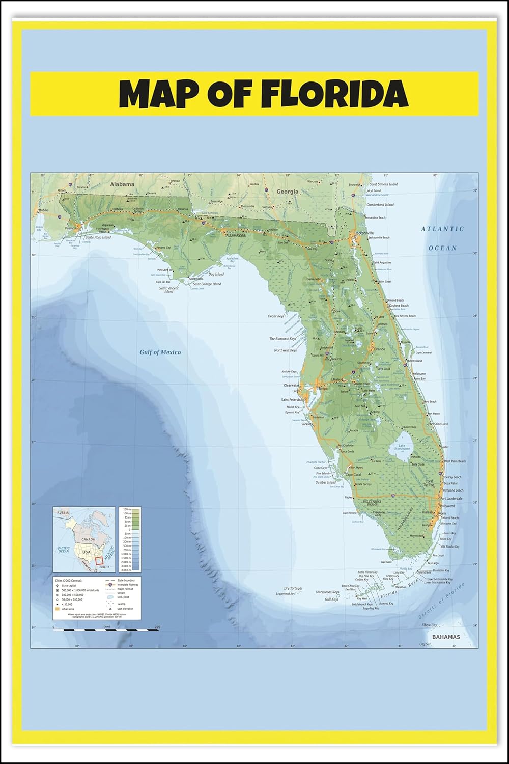 Amazon.com: Home Comforts Large Detailed Physical map of Florida state ...