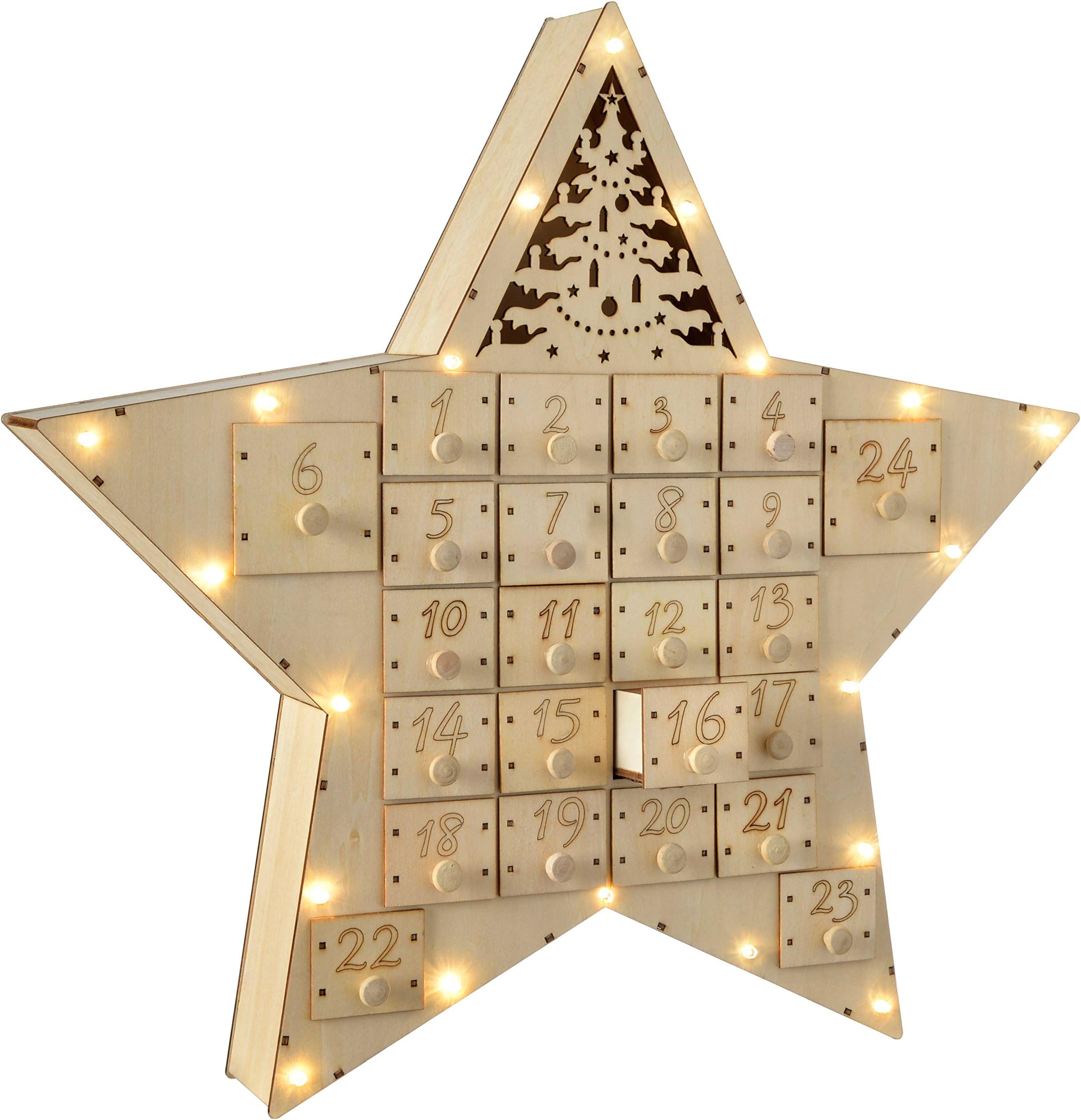 WeRChristmas Pre-Lit Wooden Star Advent Calendar Christmas Decoration ...