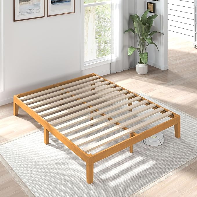 Amazon.com: Sweetcrispy Solid Wood Bed Frame, Queen Size Bed Base with ...