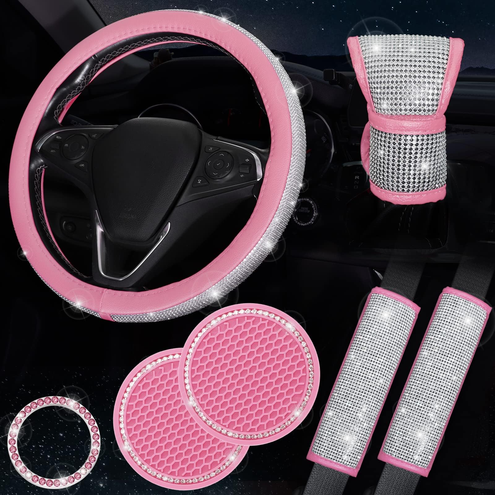 Amazon.com: ToBeQueen Bling Pink Steering Wheel Cover Set of 7, Crystal ...