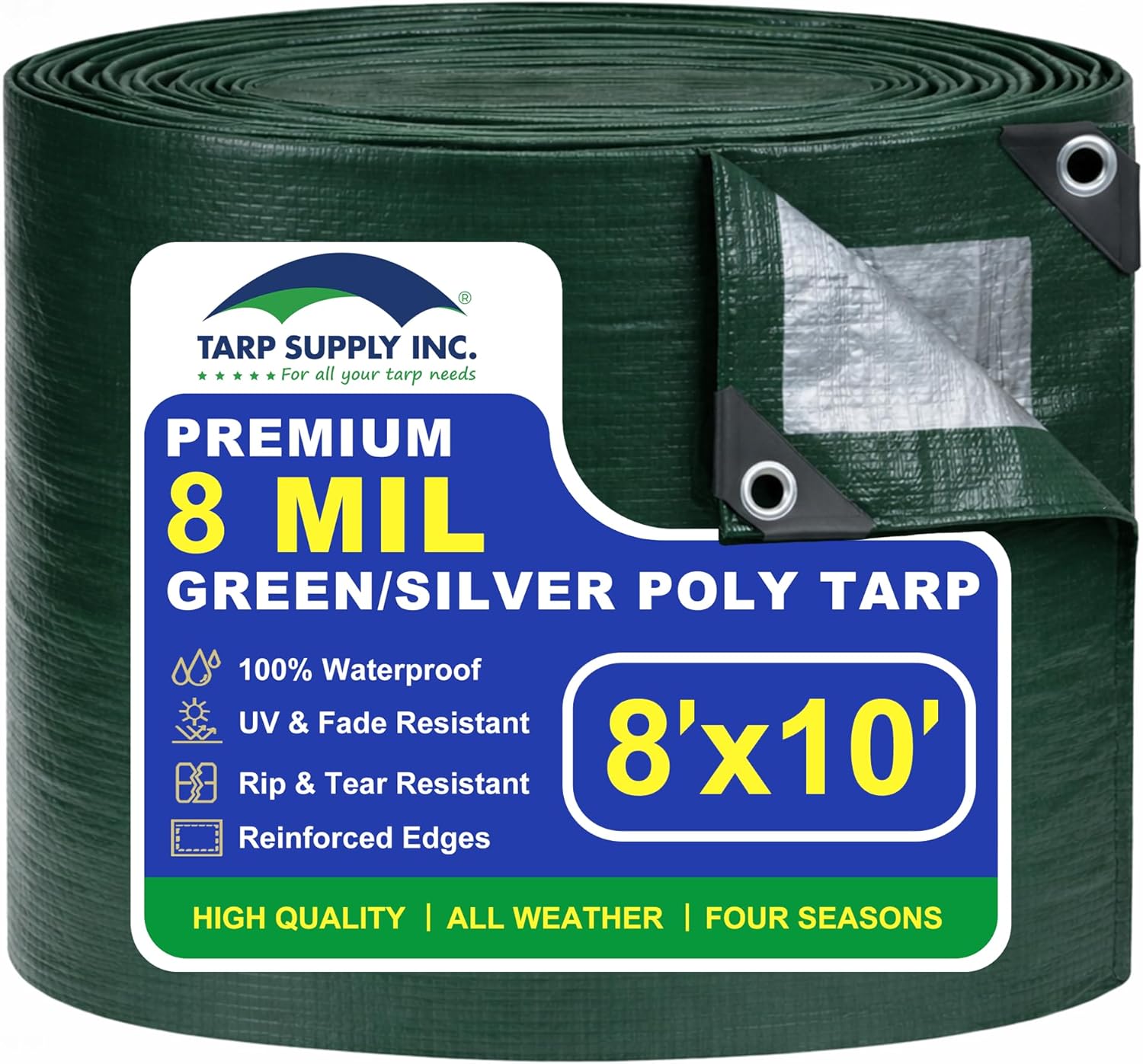 TARP SUPPLY Inc 8' x 10' Heavy Duty Green/Silver Poly Tarp with ...