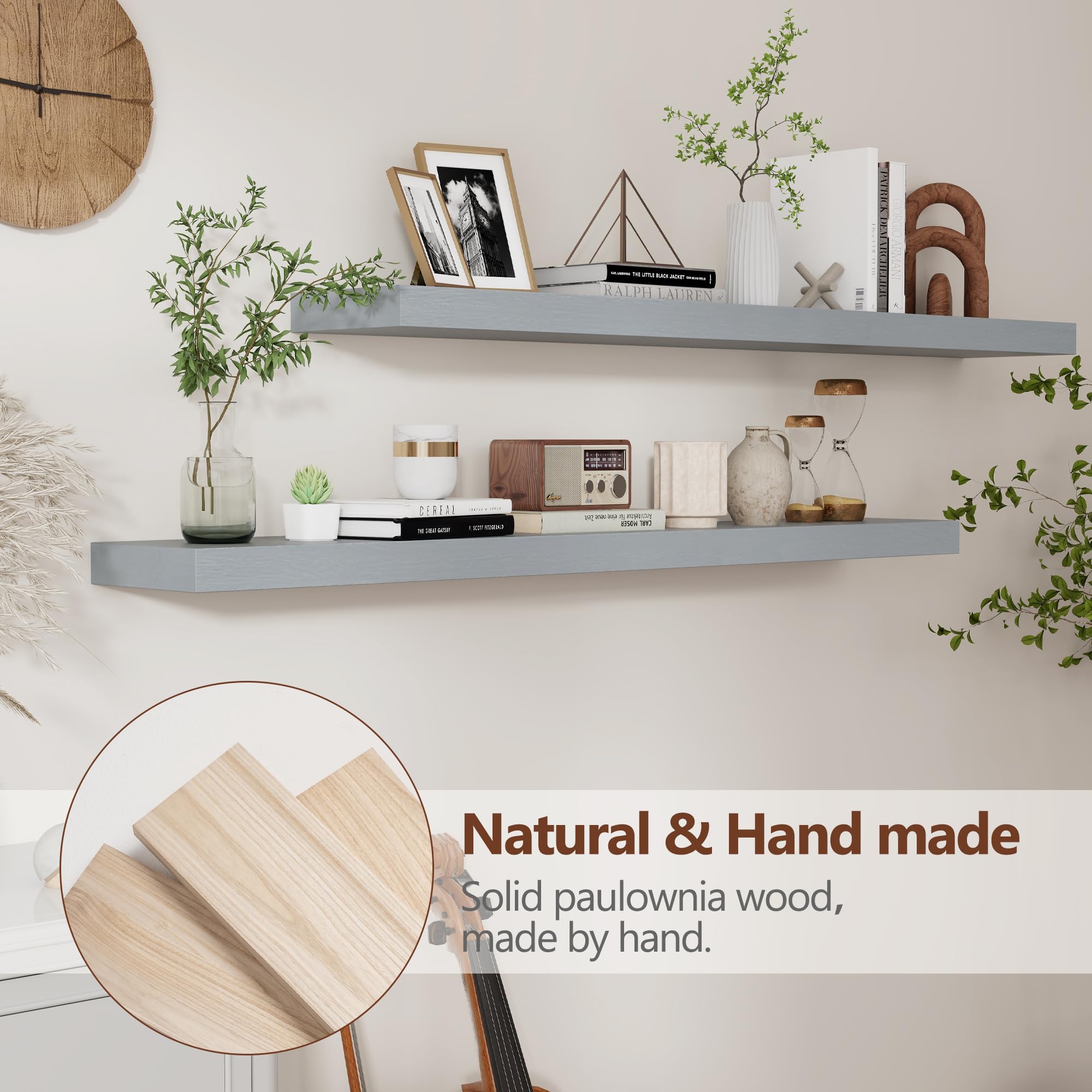 Grey Floating Shelves 48 Inch Set of 2, Long Wood Wall Mounted Shelves ...