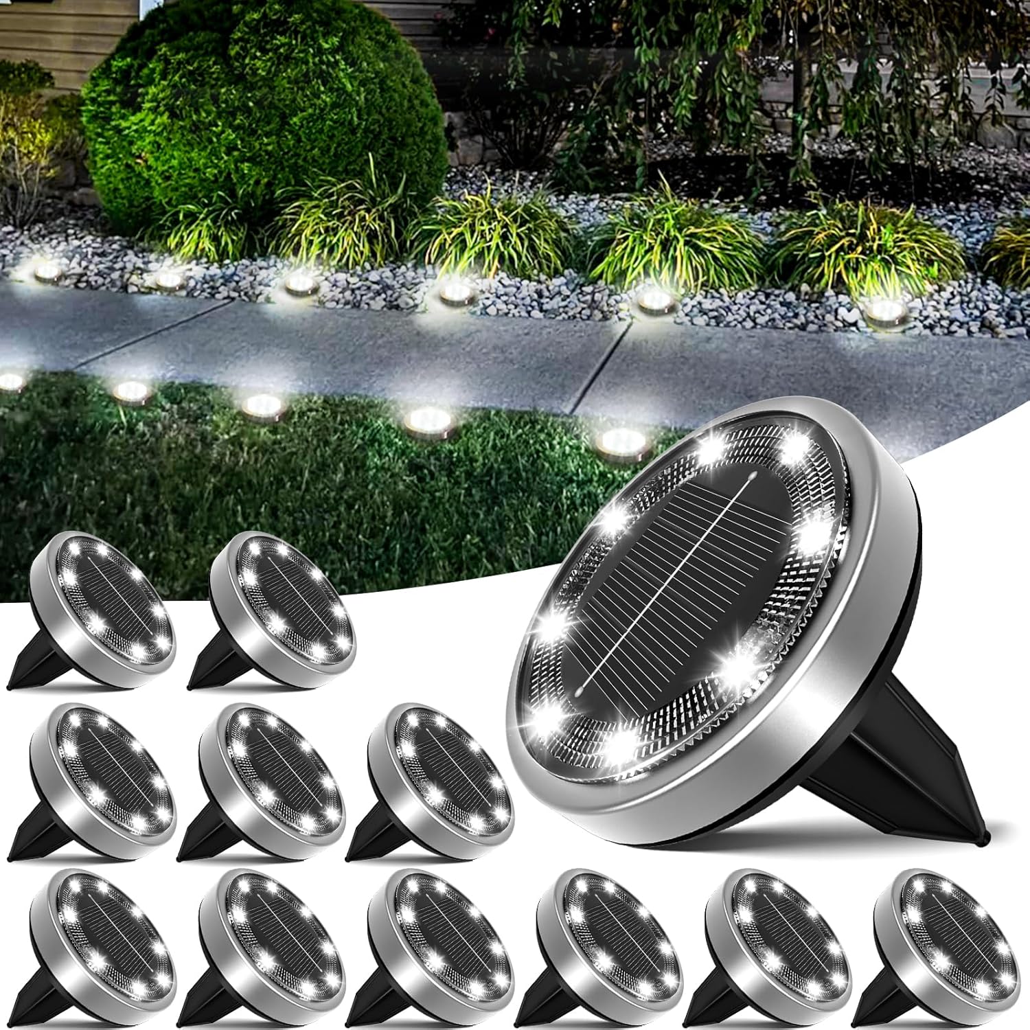 Peasur 12 Pack Solar Ground Lights Outdoor, 8 LED Flat Solar Lights ...