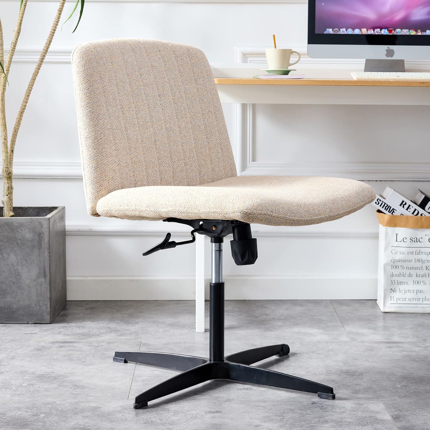 Amazon.com: SSLine Modern Brown Fabric Desk Chair No Wheels Mid-Century ...