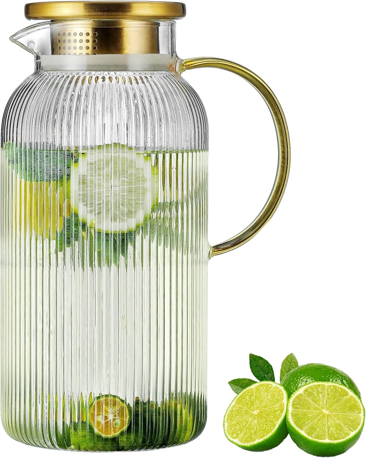 Glass Pitcher with Lid, 68 oz/2 Liter Classic Vertical Stripes Water ...