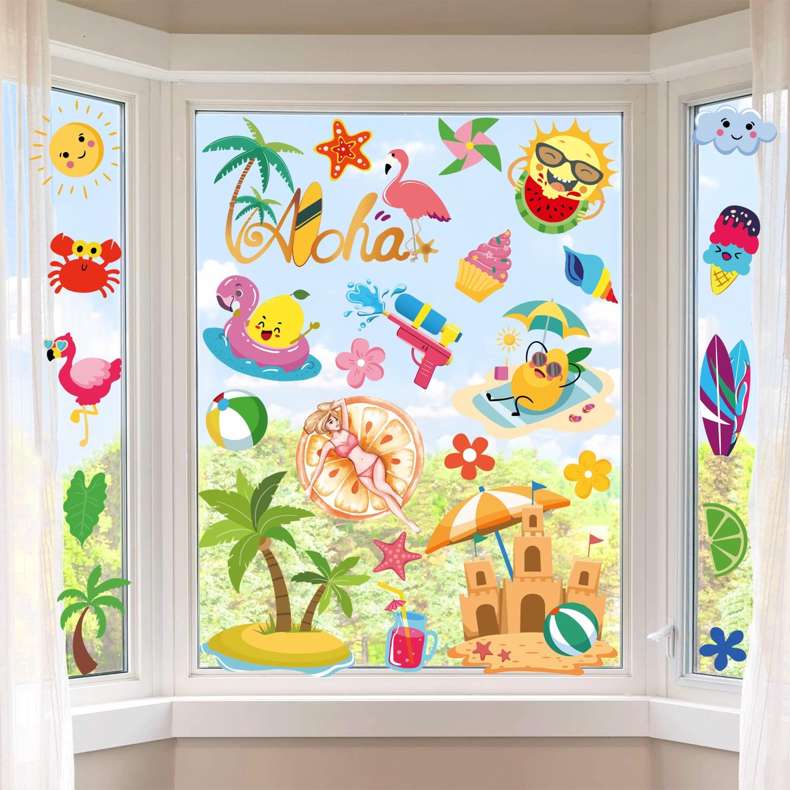 Amazon.com: AUGSUN 126PCS Summer Window Clings Cartoon Sun Beach Drinks ...