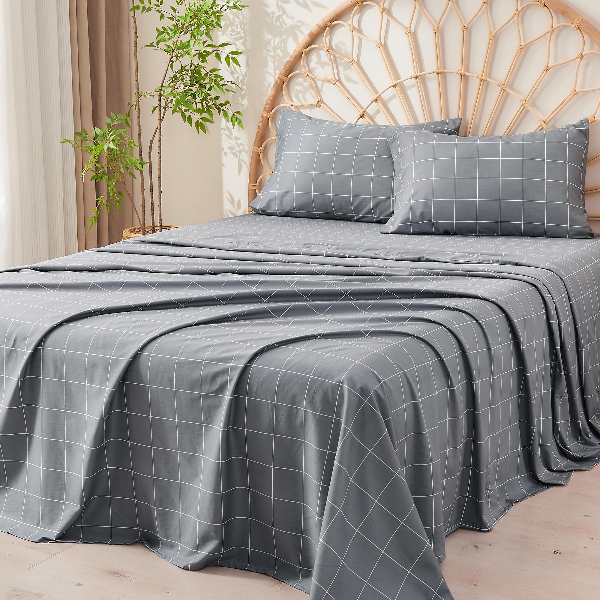 Amazon.com: JELLYMONI 4Pcs Plaid Sheet Sets, 100% Natural Cotton Sheets Set,Geometric Pattern ...