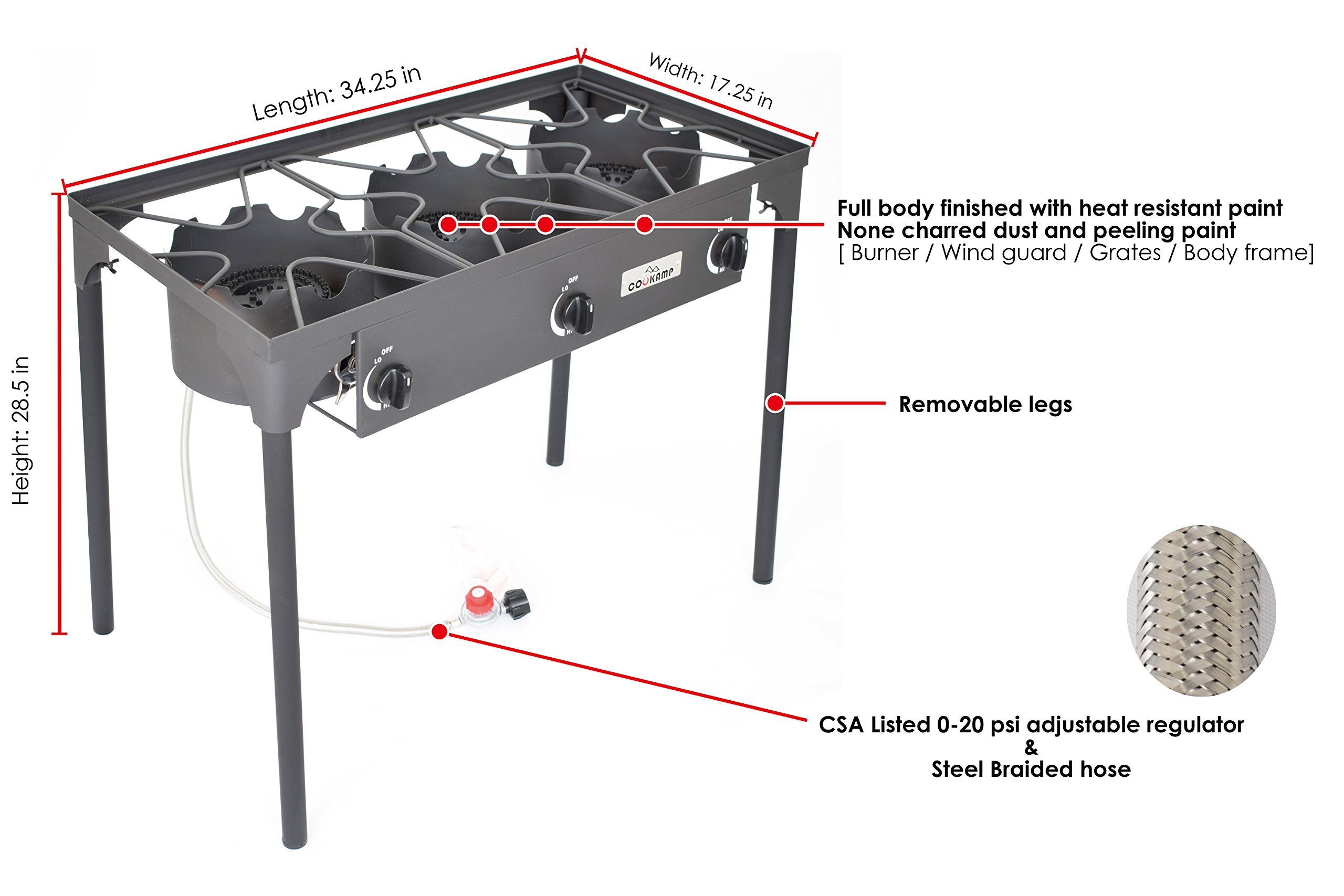 COOKAMP High Pressure Triple Burner Outdoor Propane Camping Stove with 0-20 PSI Adjustable High ...