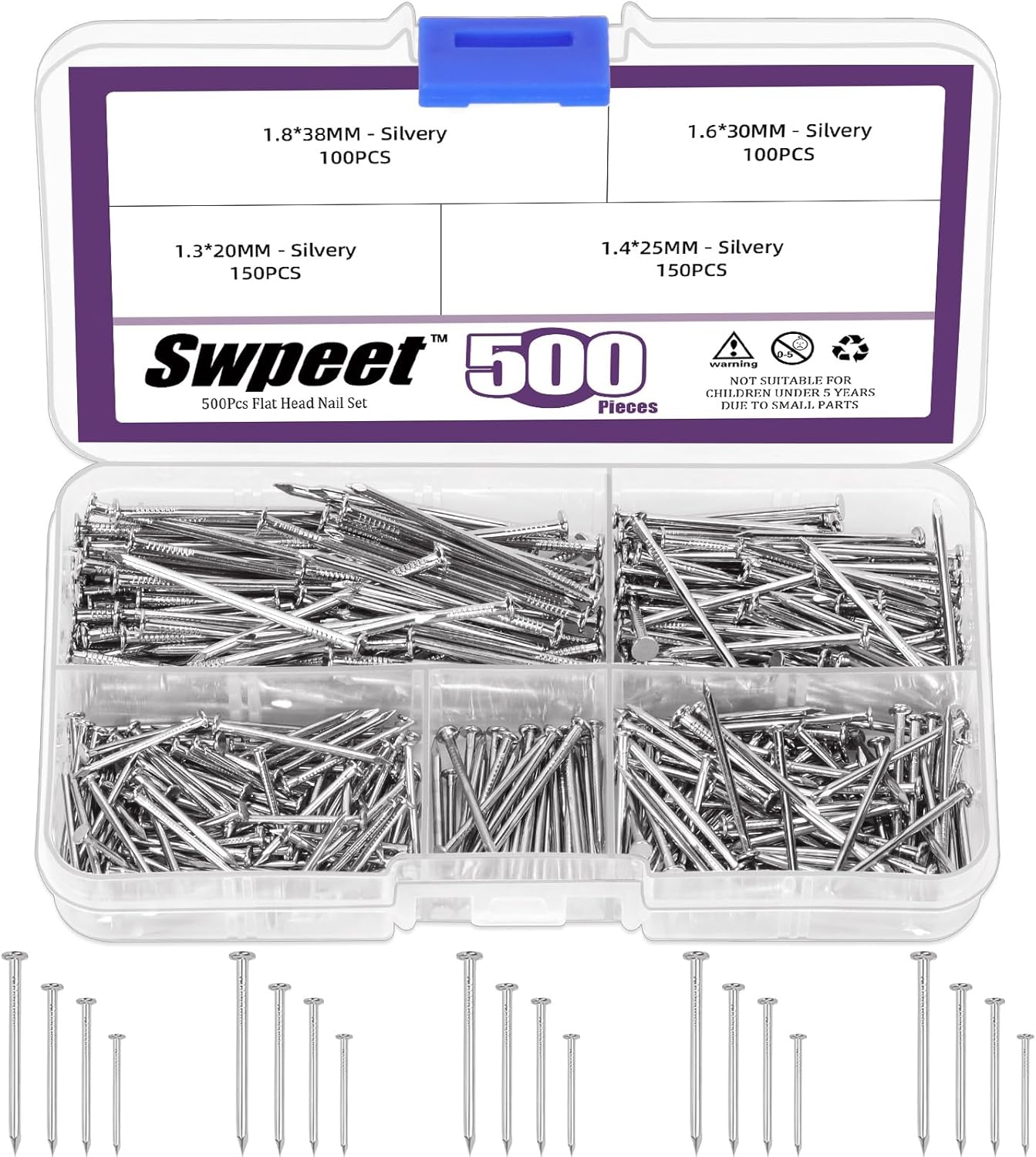 Swpeet 900Pcs 4 Sizes Hardware Nails Assortment Kit, Silver Galvanized ...