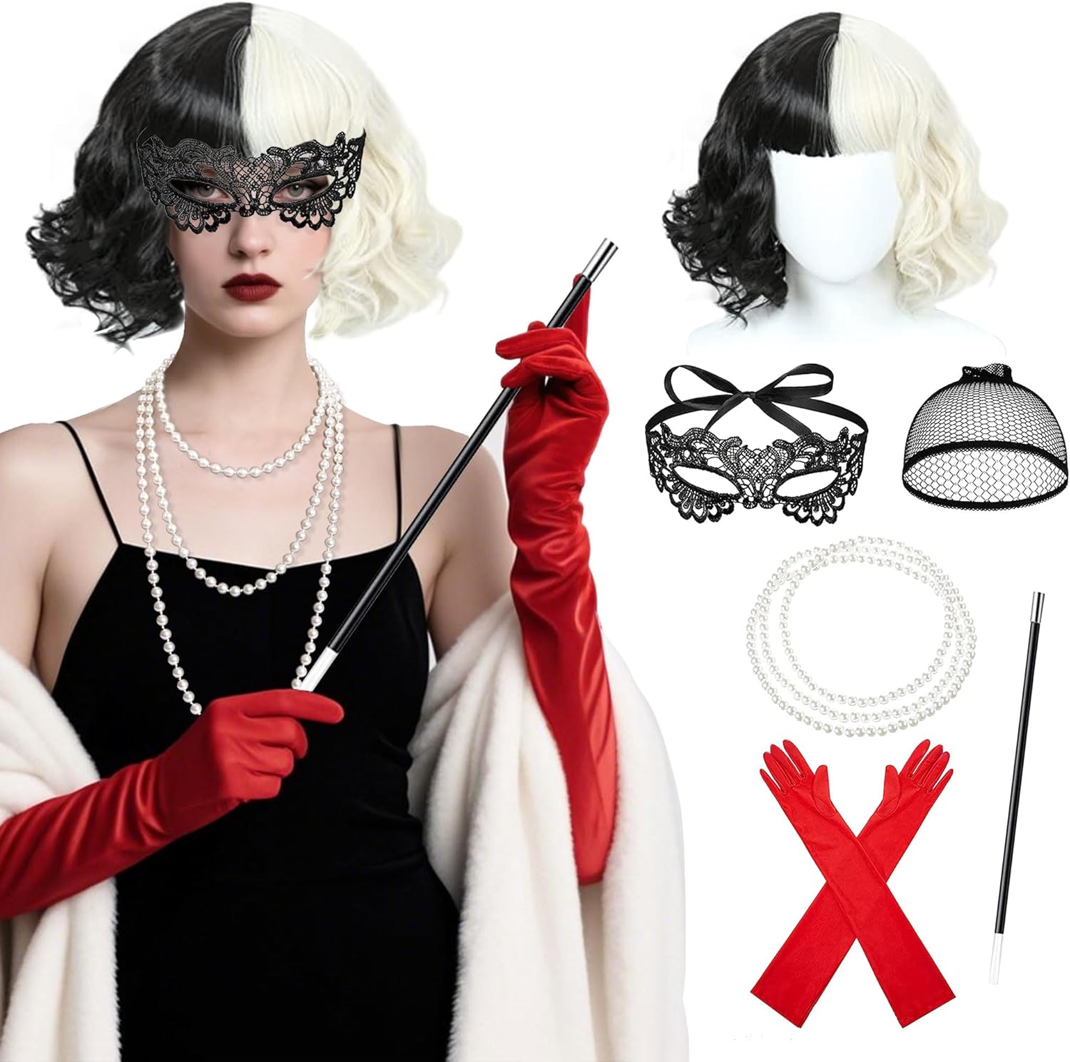 BACH AND BOUJEE Black White Women Costume Accessories Long Red Gloves ...