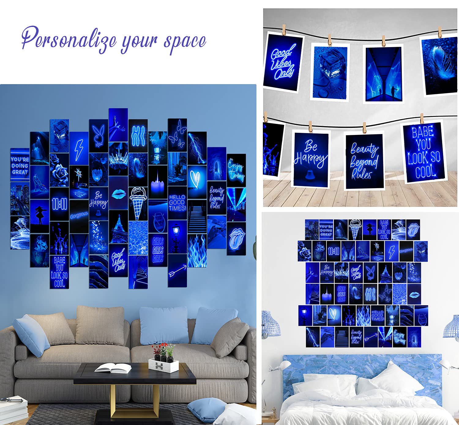 Woonkit Blue Neon Wall Collage Kit Aesthetic Pictures, Room Decor for ...