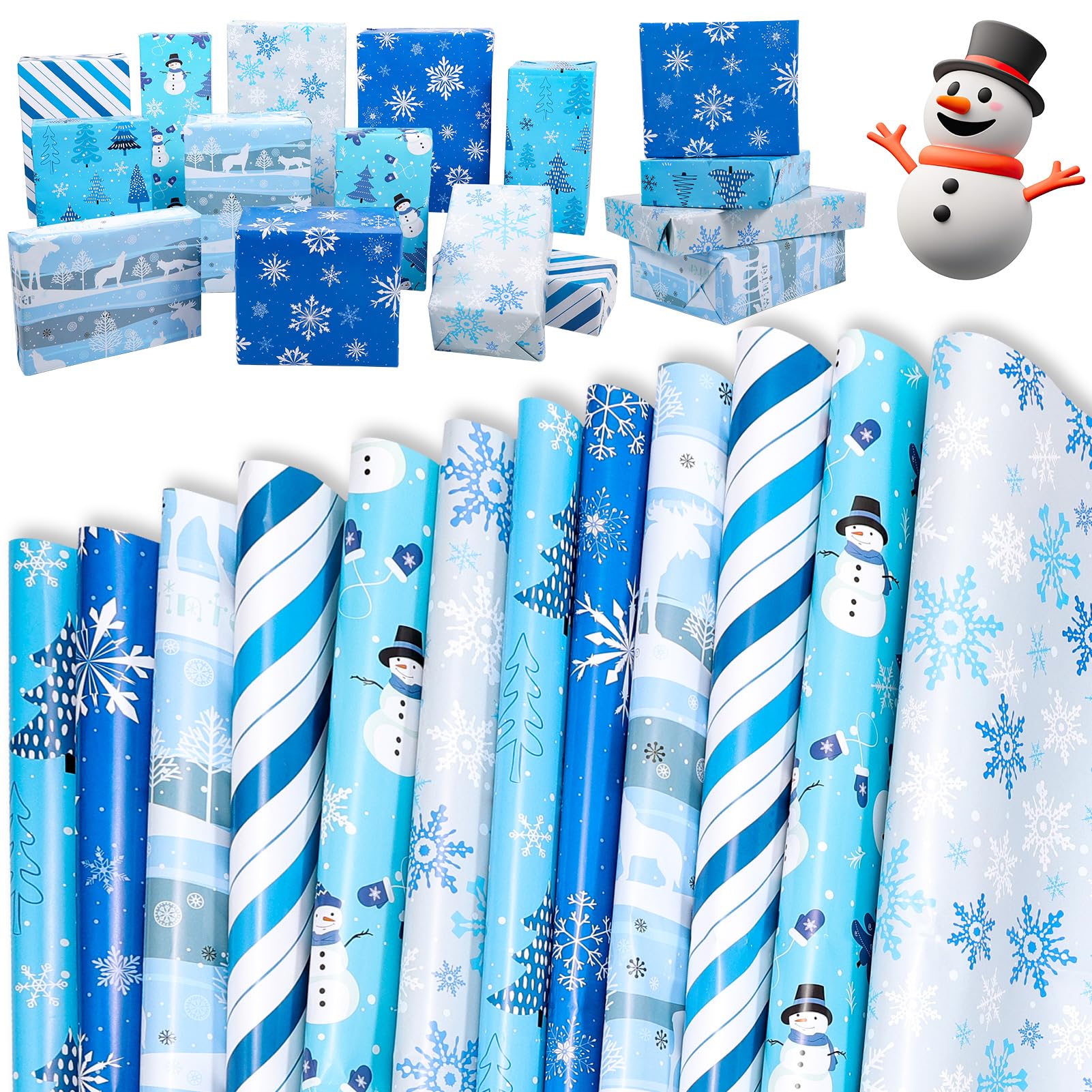 Amazon.com: HOWAF 12 Sheets Christmas Winter Wrapping Paper, Blue White ...