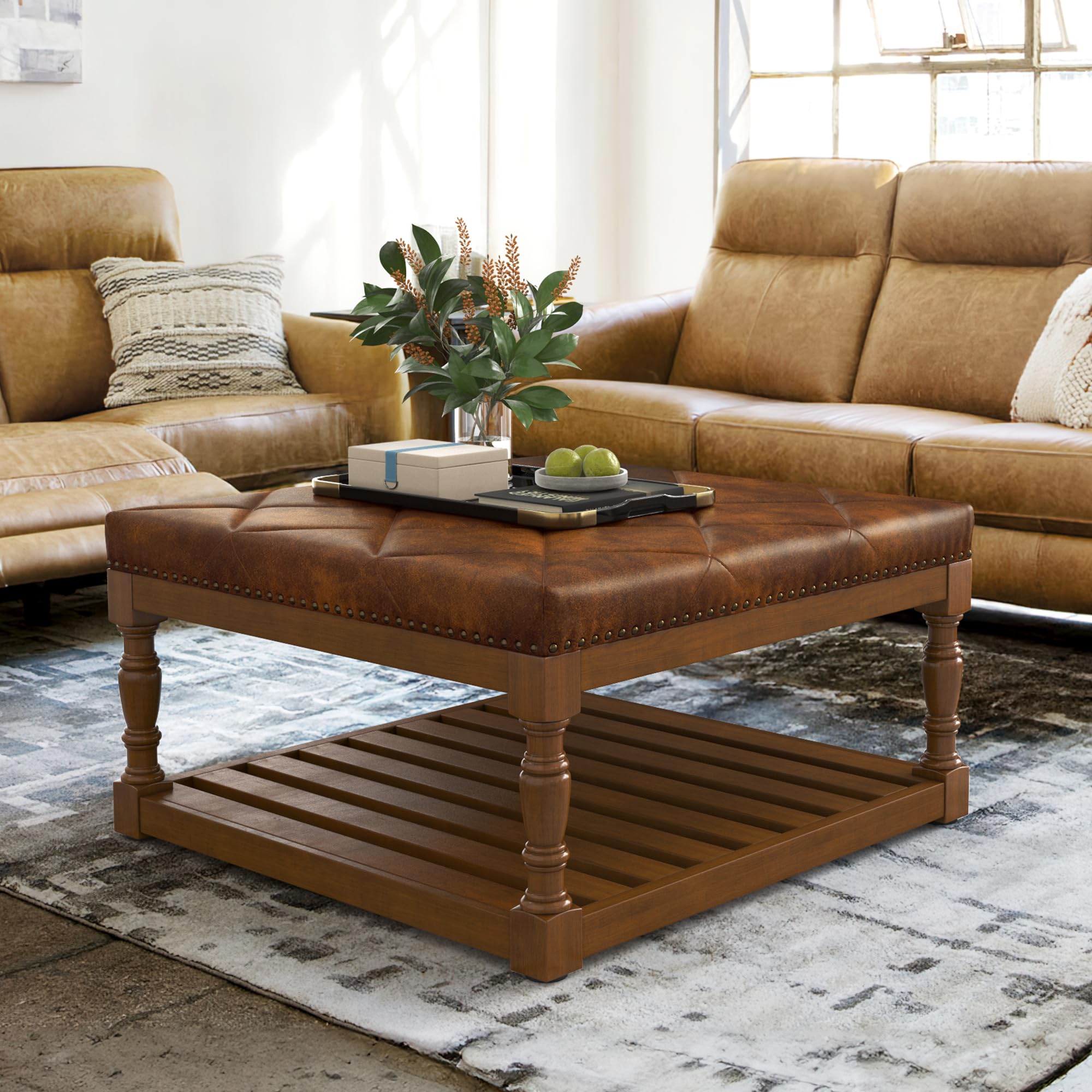 Large Tufted Rectangular Leather Coffee Tables Grey Faux Leather